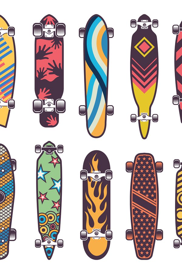 Various colored patterns on skateboards