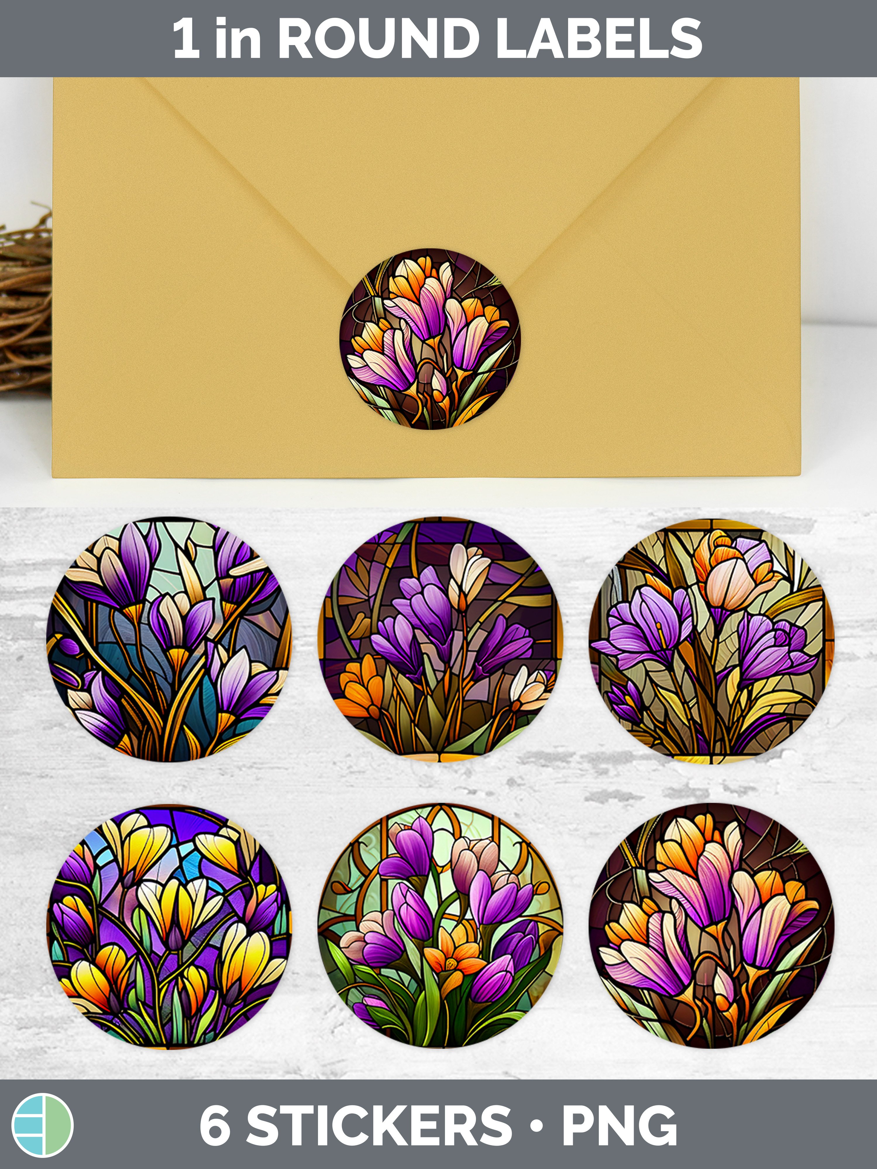 Stained Glass Crocus Flowers Stickers | Round Labels Designs