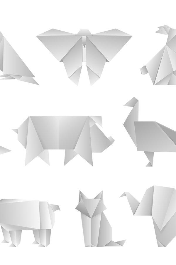 White origami animals. Geometric folded paper shapes, abstra