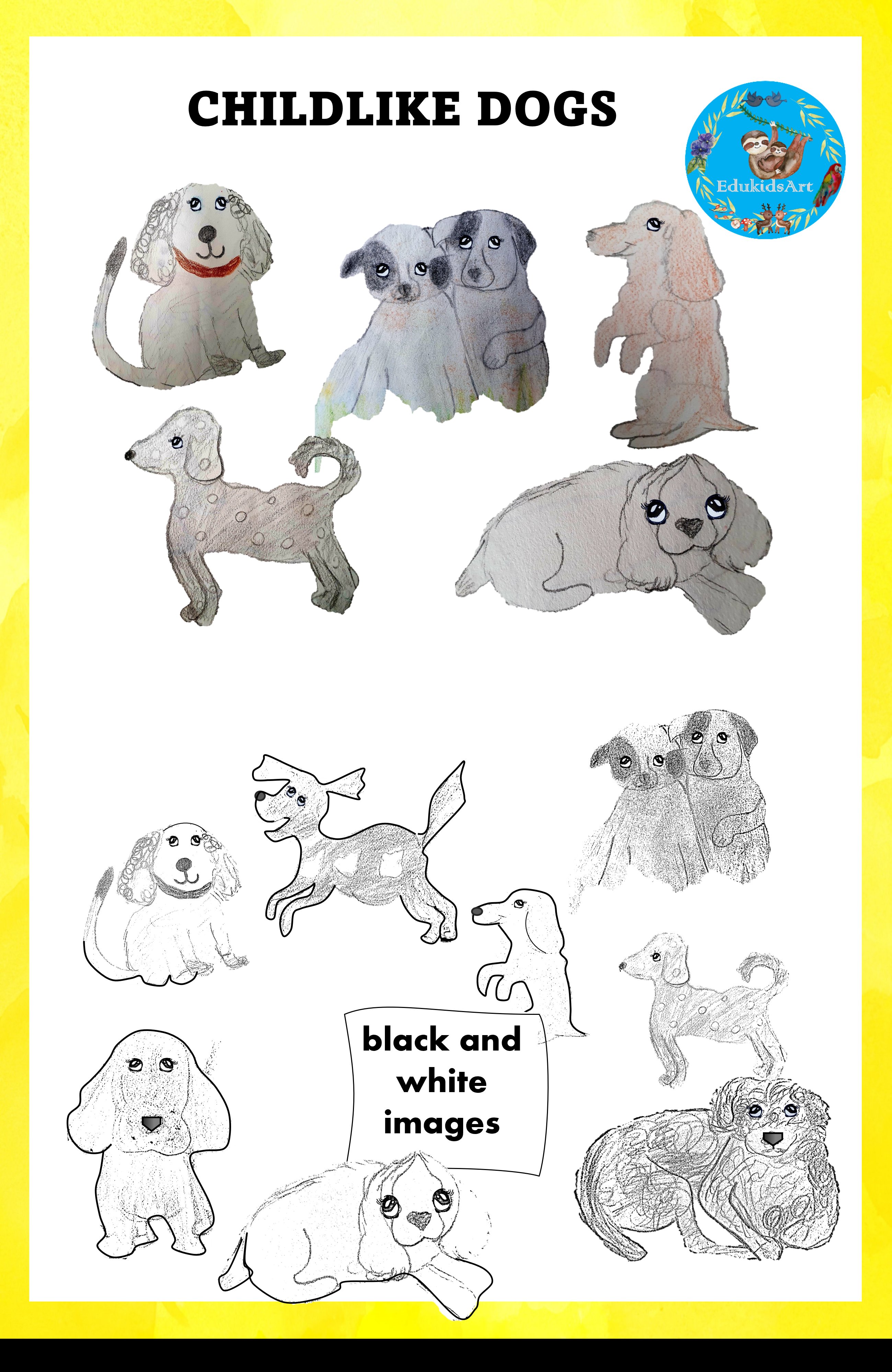 childlike drawing clipart dogs with black and white