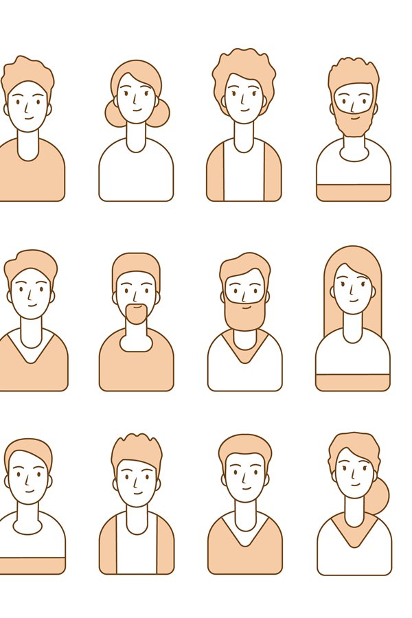 People avatars. Line person portraits, diverse man woman id