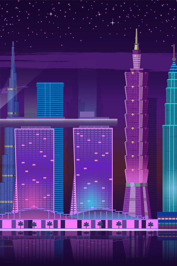Neon skyscrapers. Retro 80s night cityscape, lights building