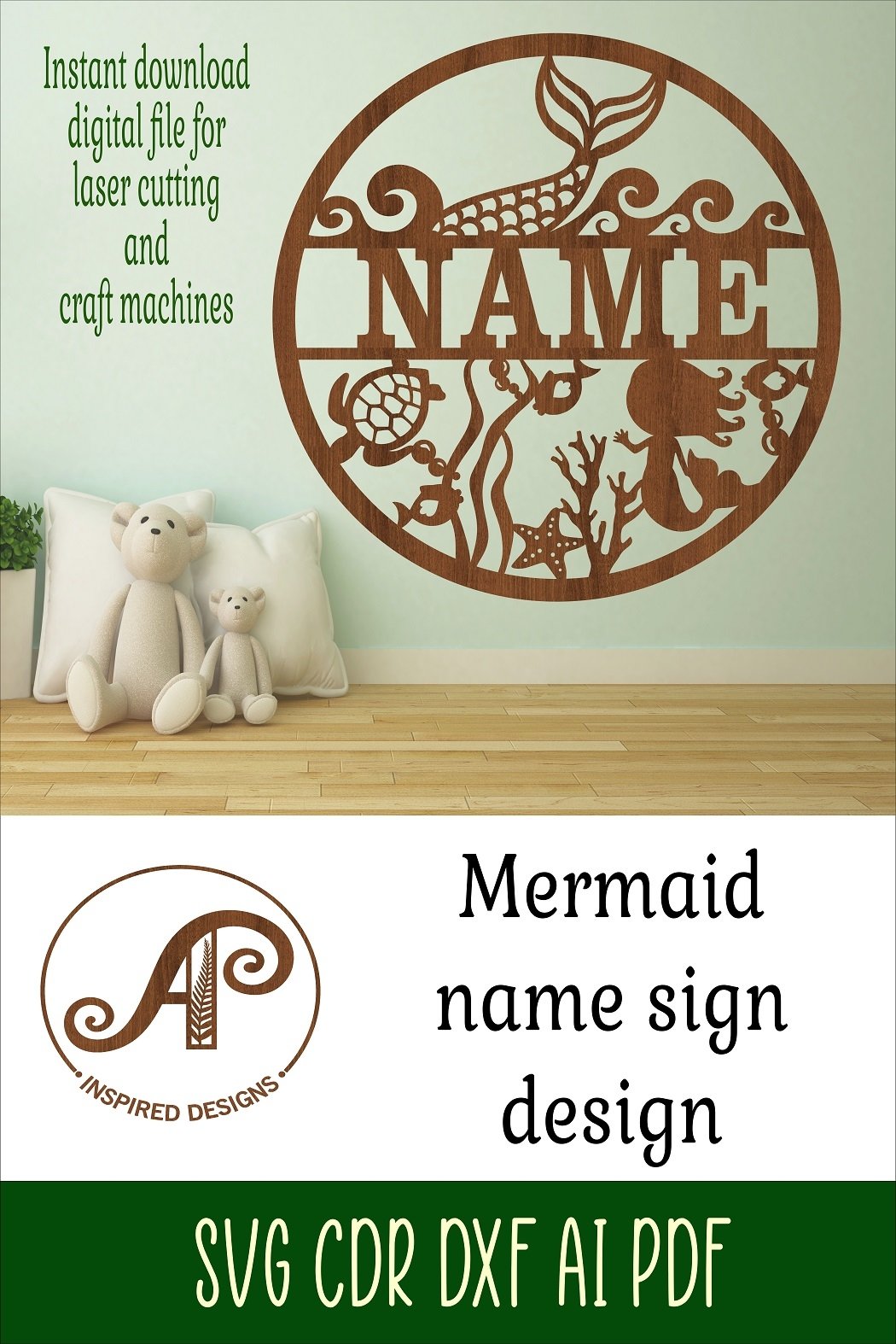 Mermaid name sign svg laser cut template (2543144)