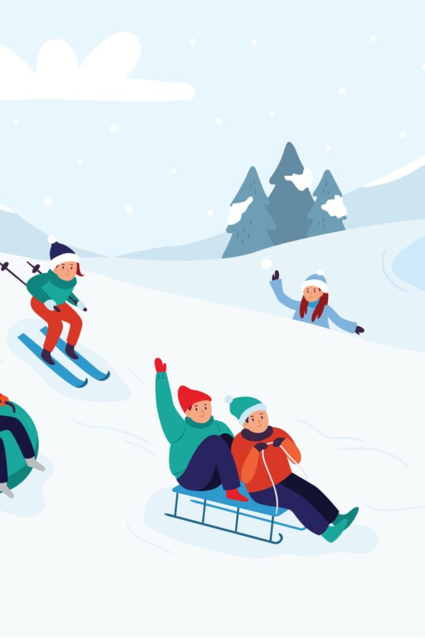 Kids riding sledding slide. Snow landscape, winter snowy fun