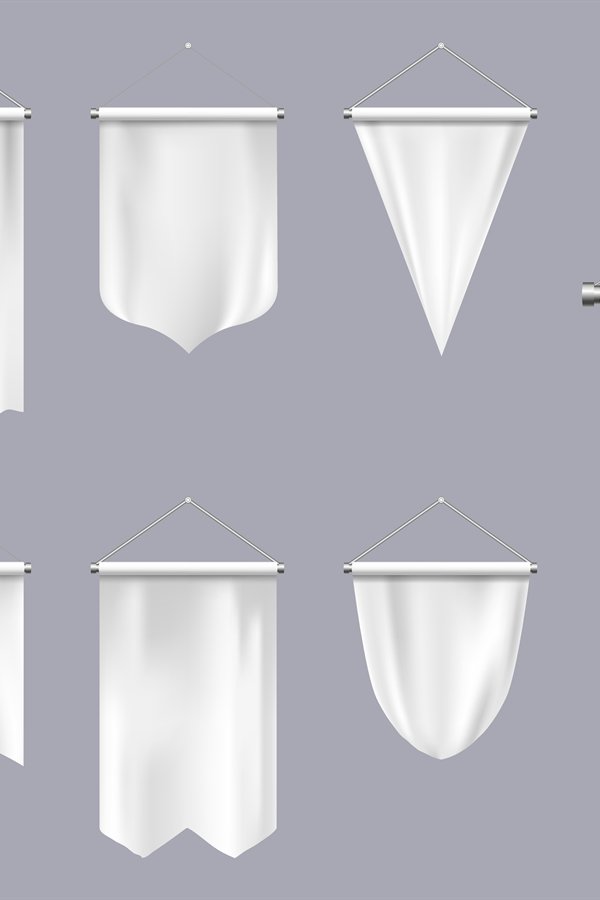Realistic pennants. White textile 3d flags, blank triangles
