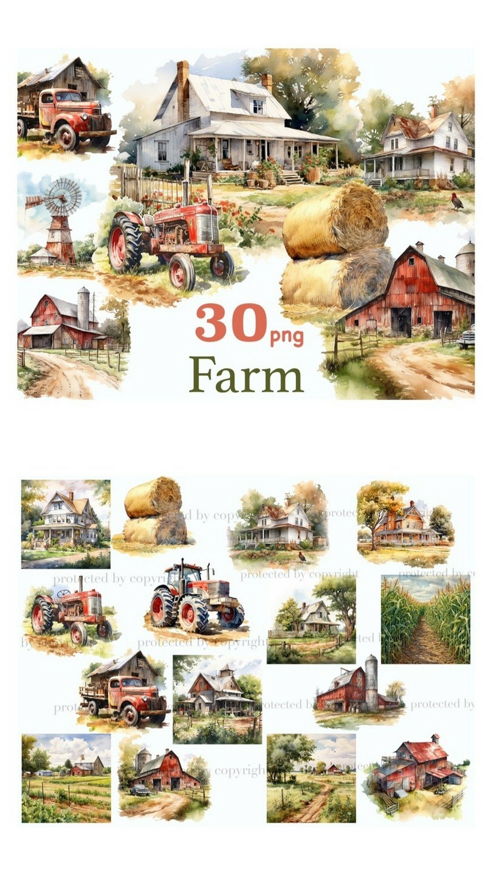 Farmhouse Clipart Bundle | Barn Illustrations PNG