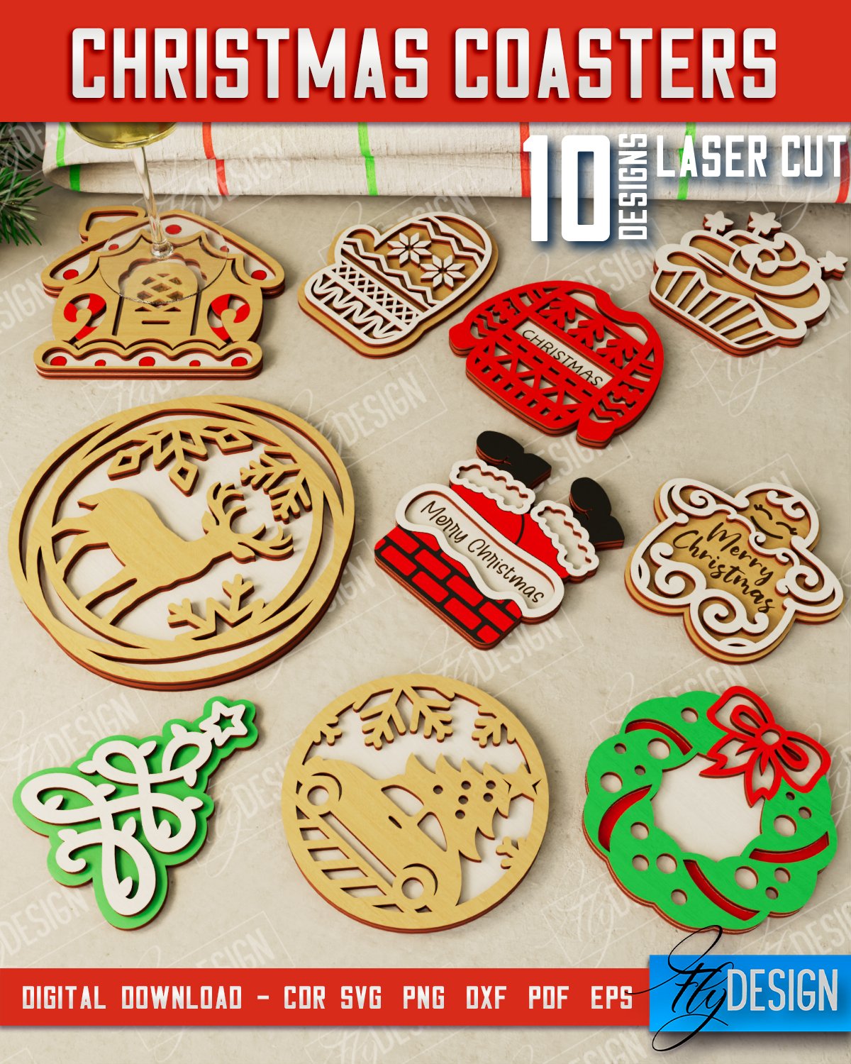 Christmas Coasters Laser Cut Bundle | Cup Coasters | Holiday