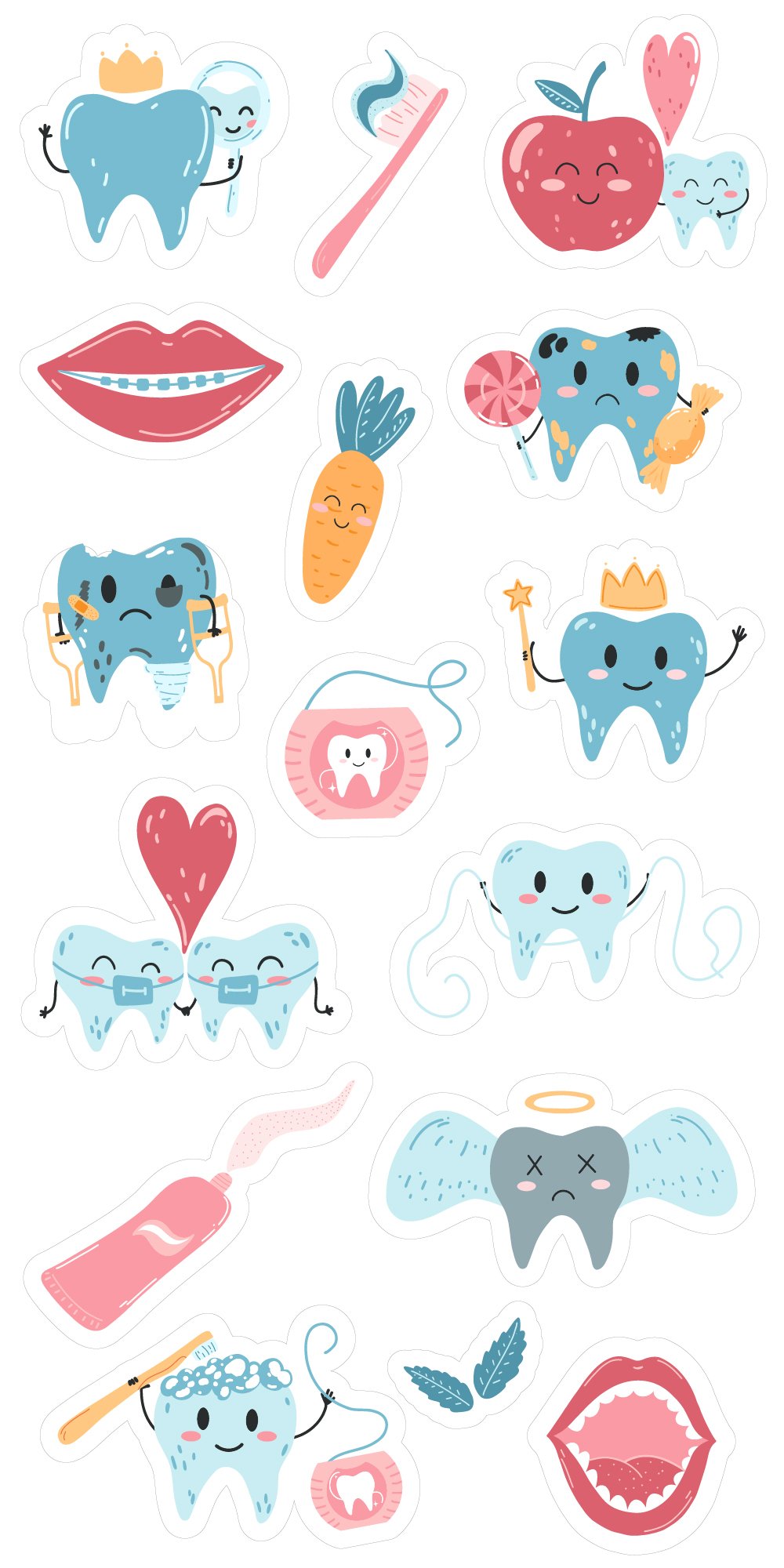 Cute kawaii tooth characters | Printable stickers bundle