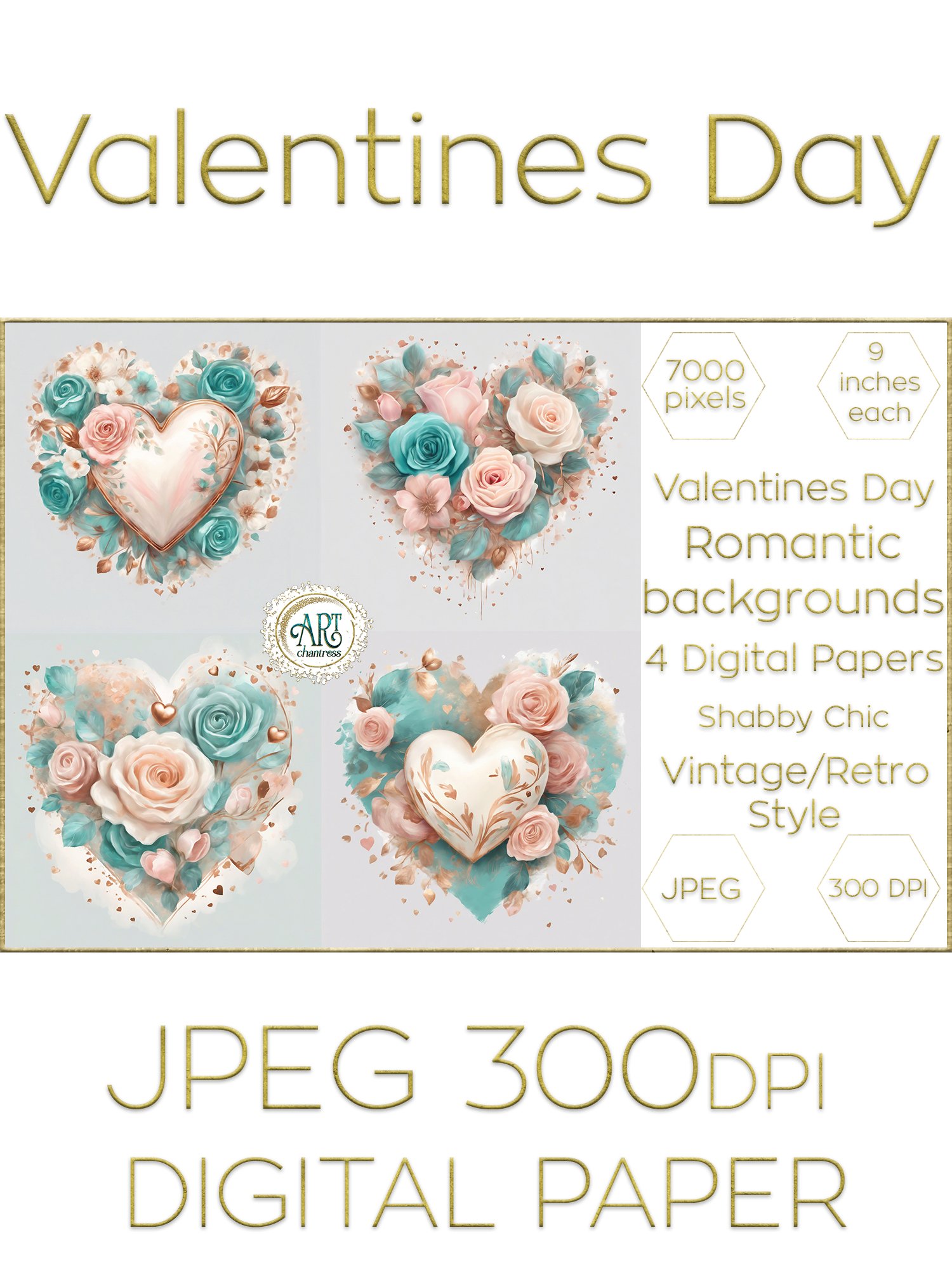 Valentine Aqua Gold Pink Digital Papers Shabby (3139784)