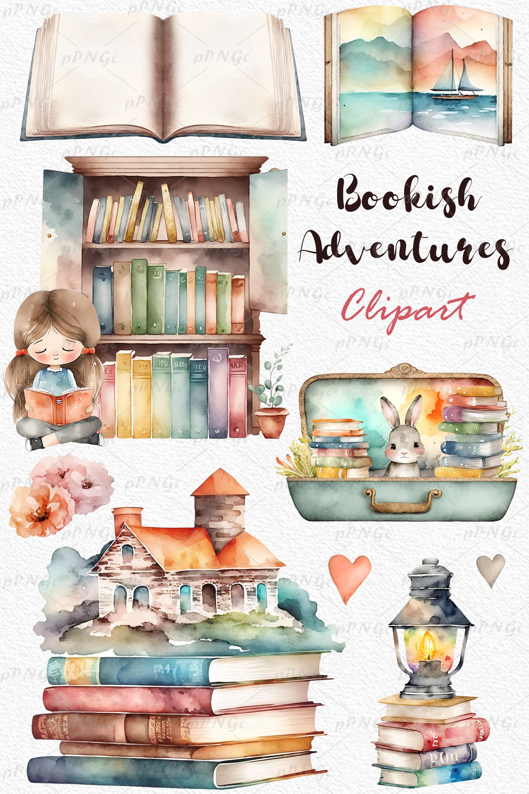 Bookish Adventures Watercolor Clipart