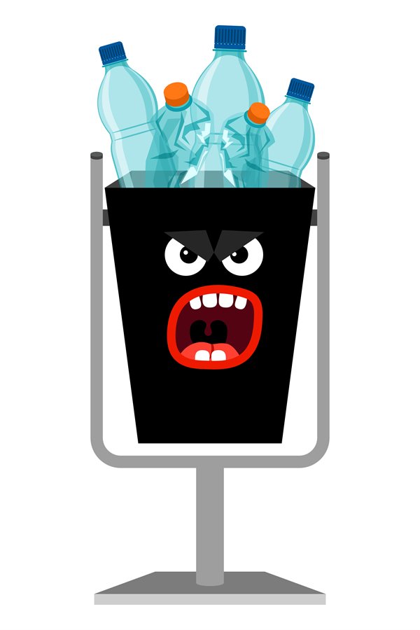 Garbage monster can with plastic bottles