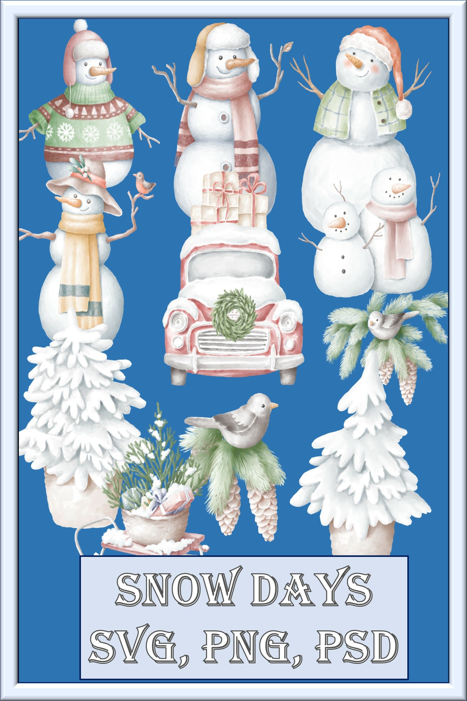 Snow Day Snowmen Clipart Sublimation Set SVG, PNG, PSD