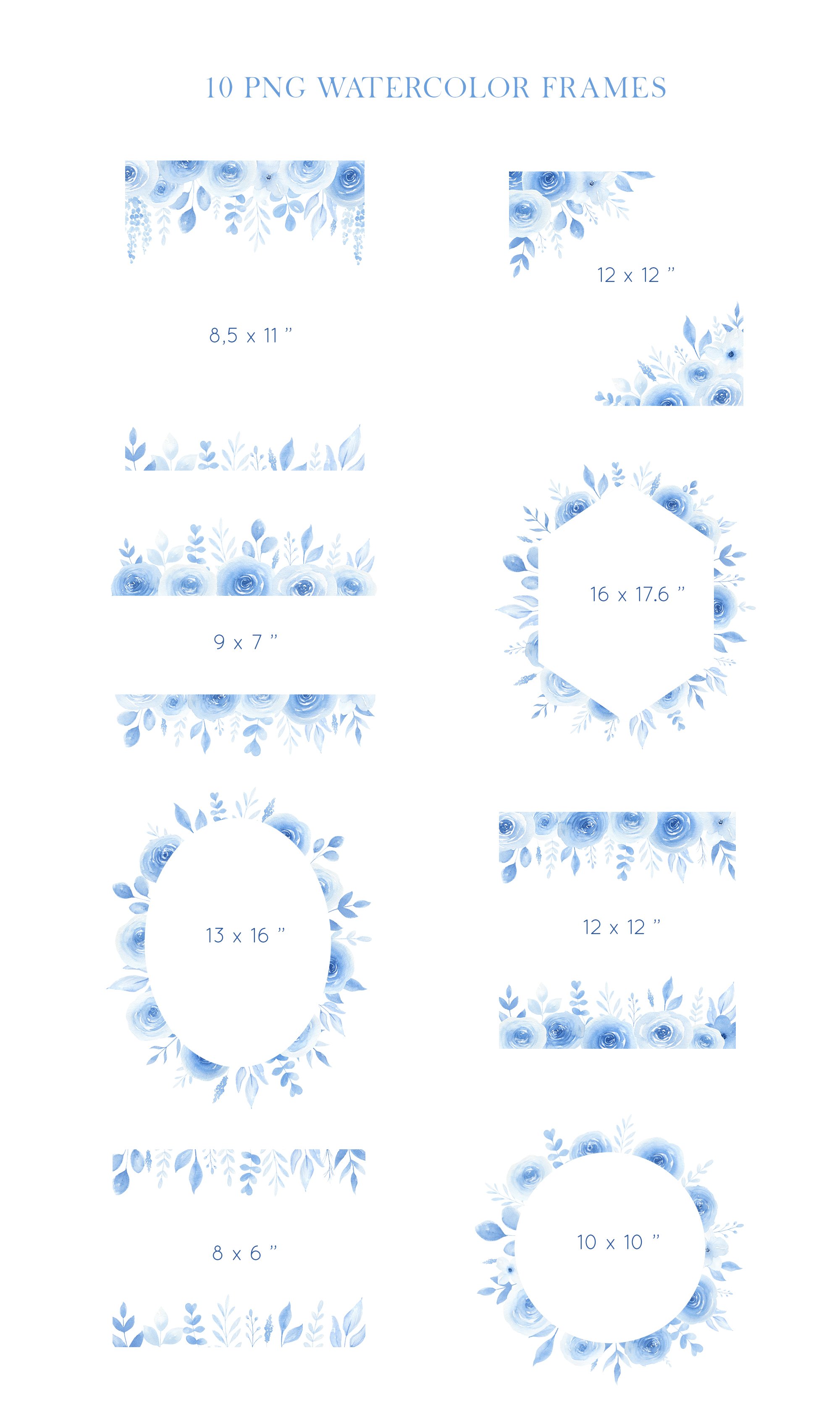 Blue roses watercolor floral frames clipart PNG