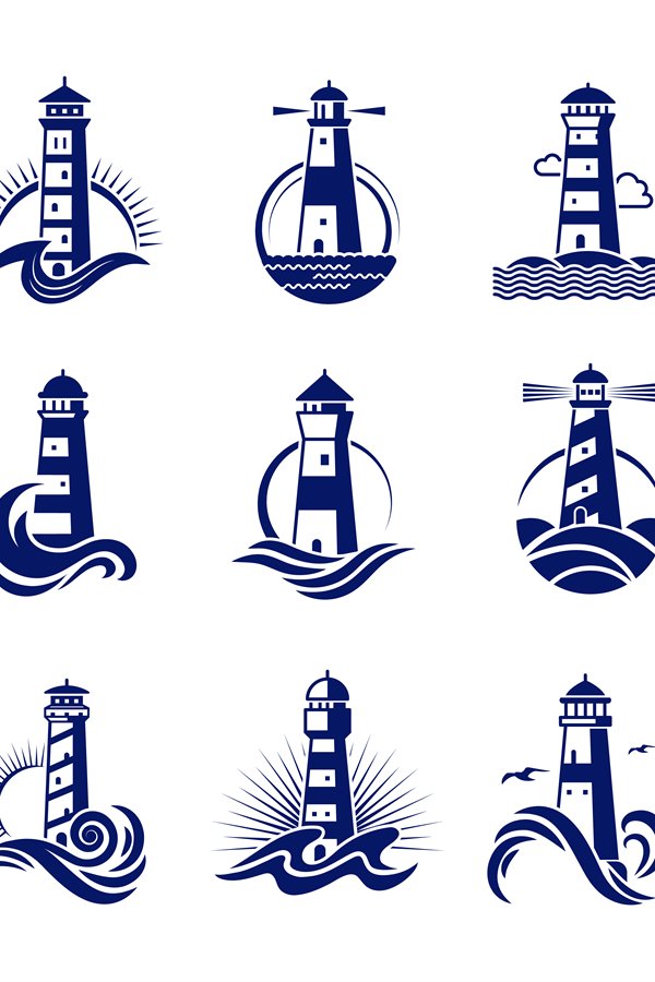 Lighthouse badges. Nautical marine travel business logos vec