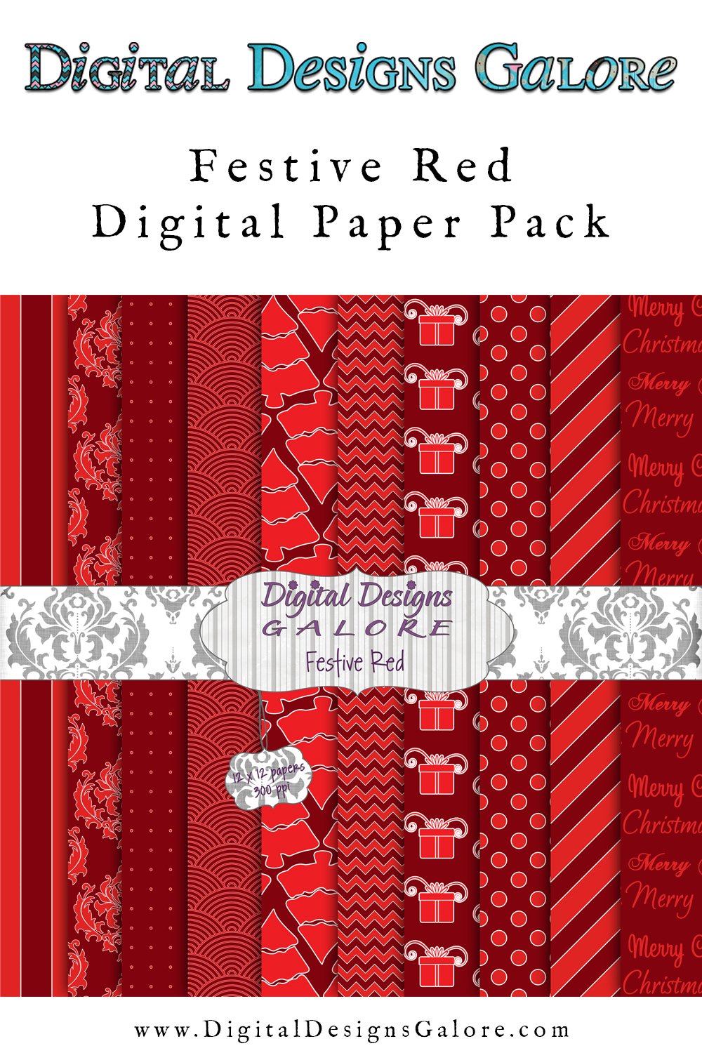 Festive Red Digital Paper Pack | 10 Digital Craft Papers