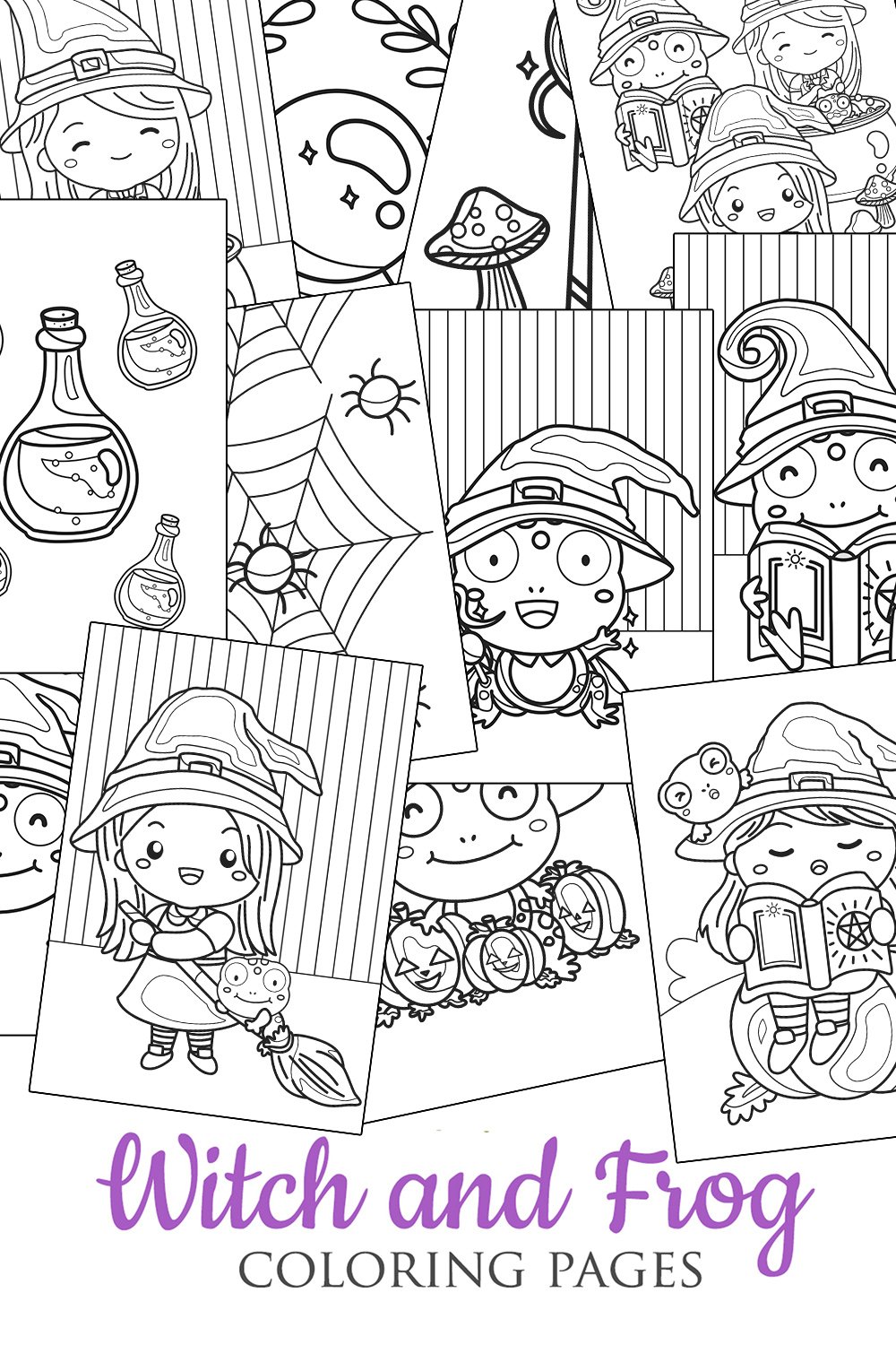 Halloween Witch and Frog Cartoon Coloring For Kids and Adult