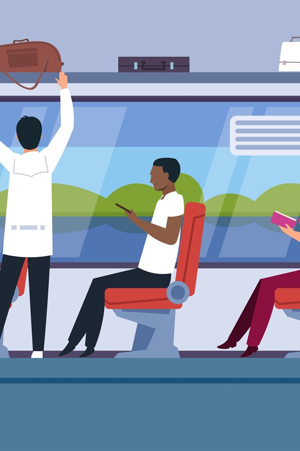 People in train. Public transport interior with different ma
