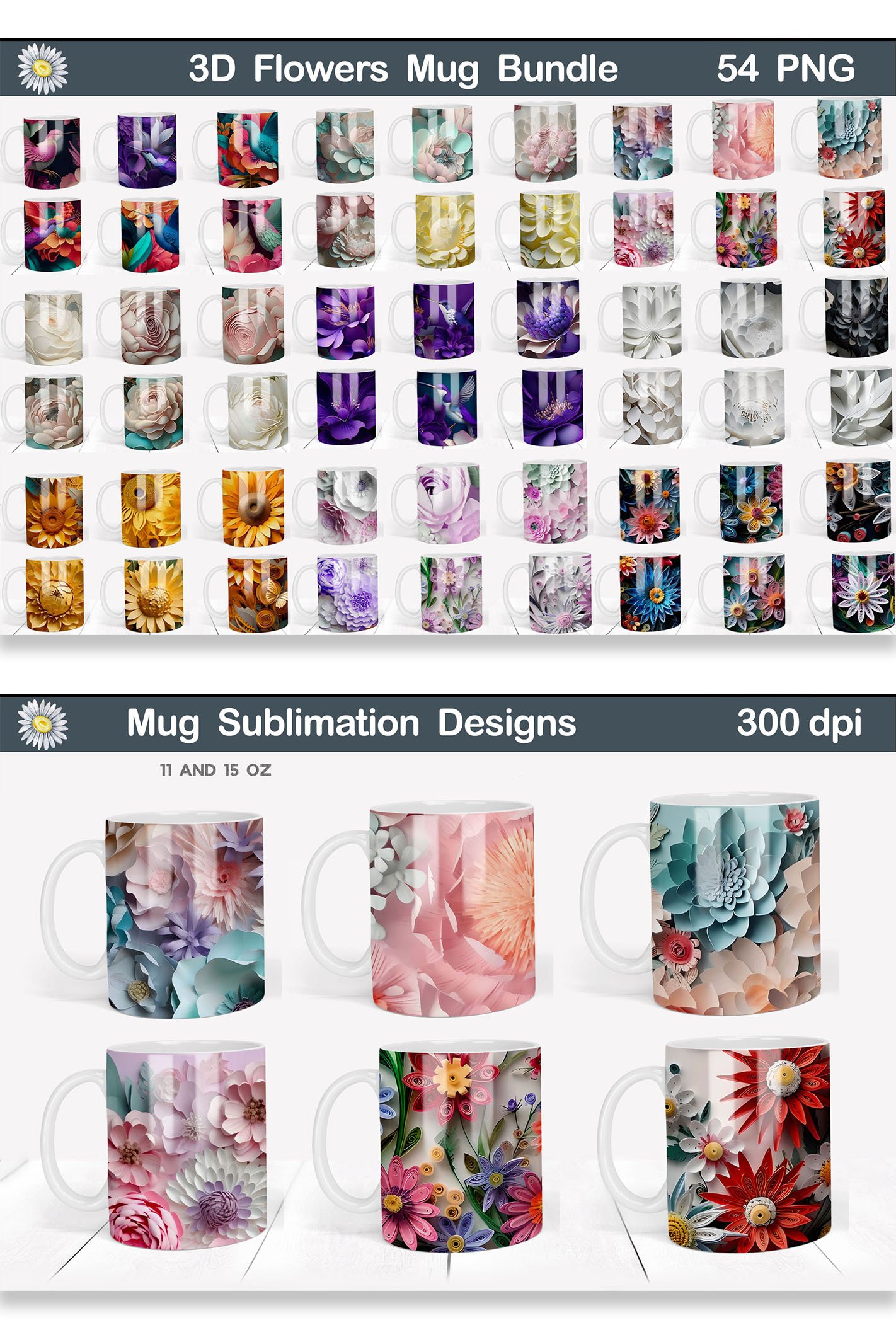 3D Flowers Mug Bundle | Flowers Mug Sublimation