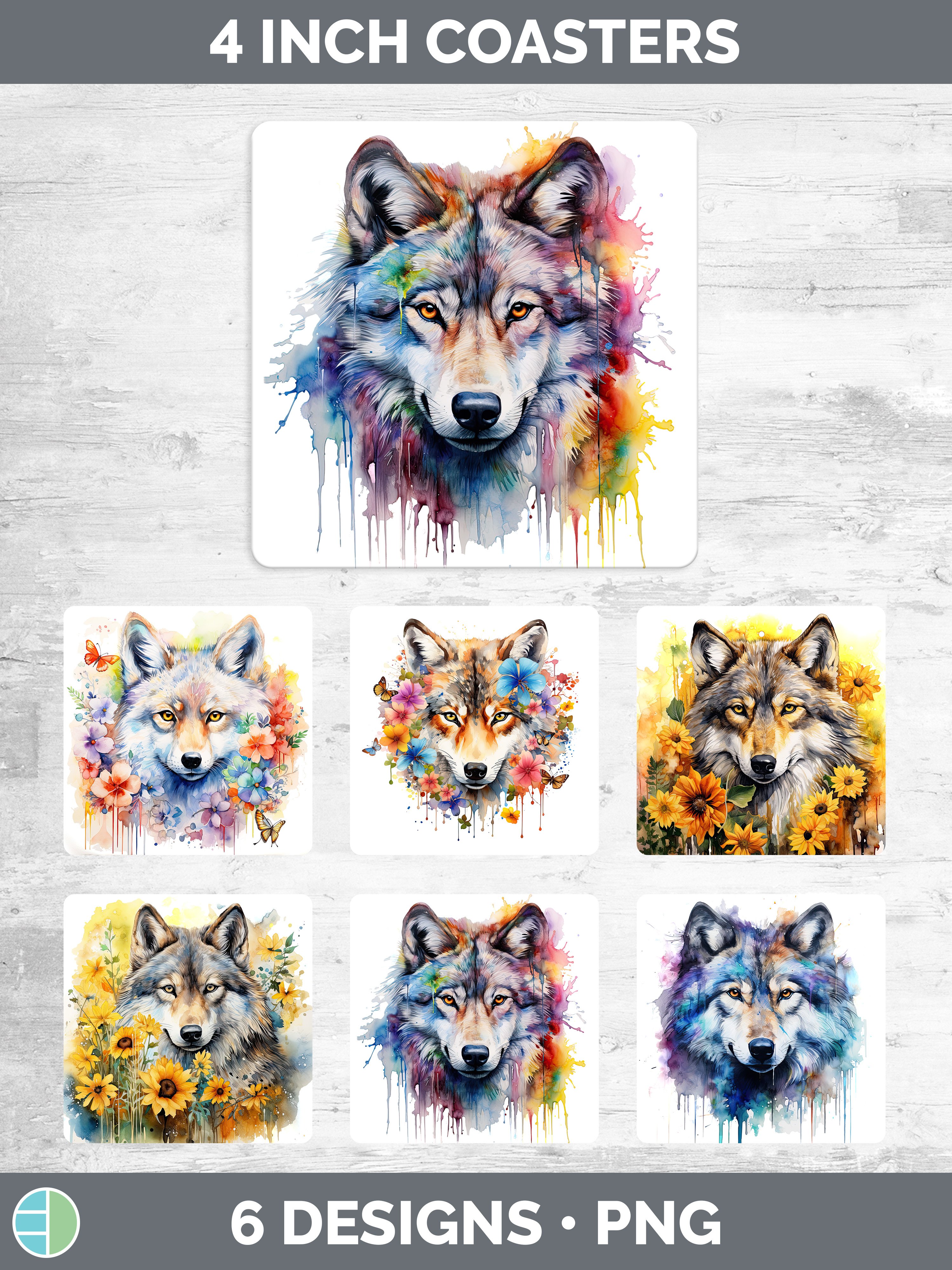 Pretty Wolf Square Coaster | Bundle Coaster Designs