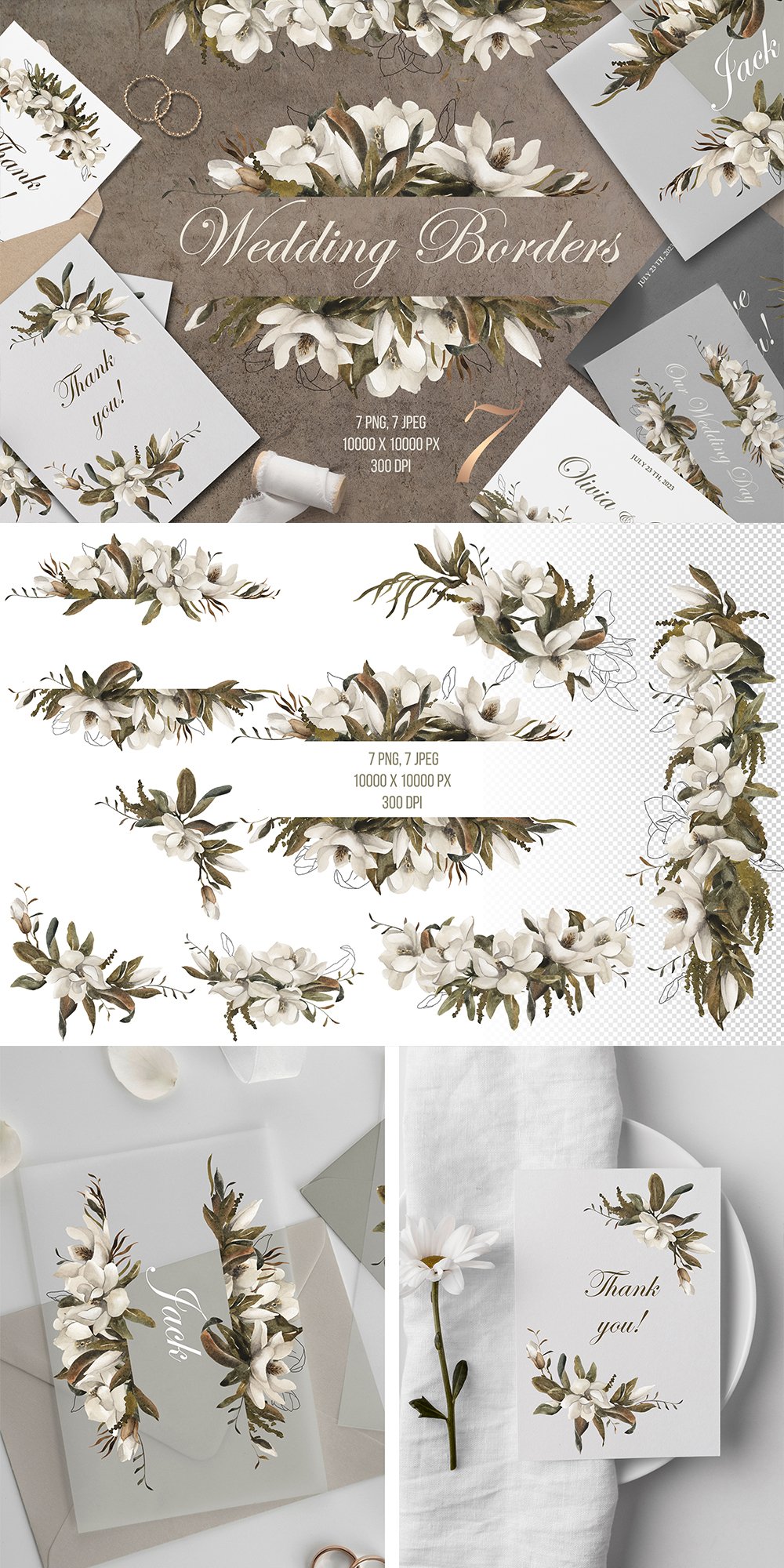 Wedding Flower Borders. Watercolor Floral clip art.