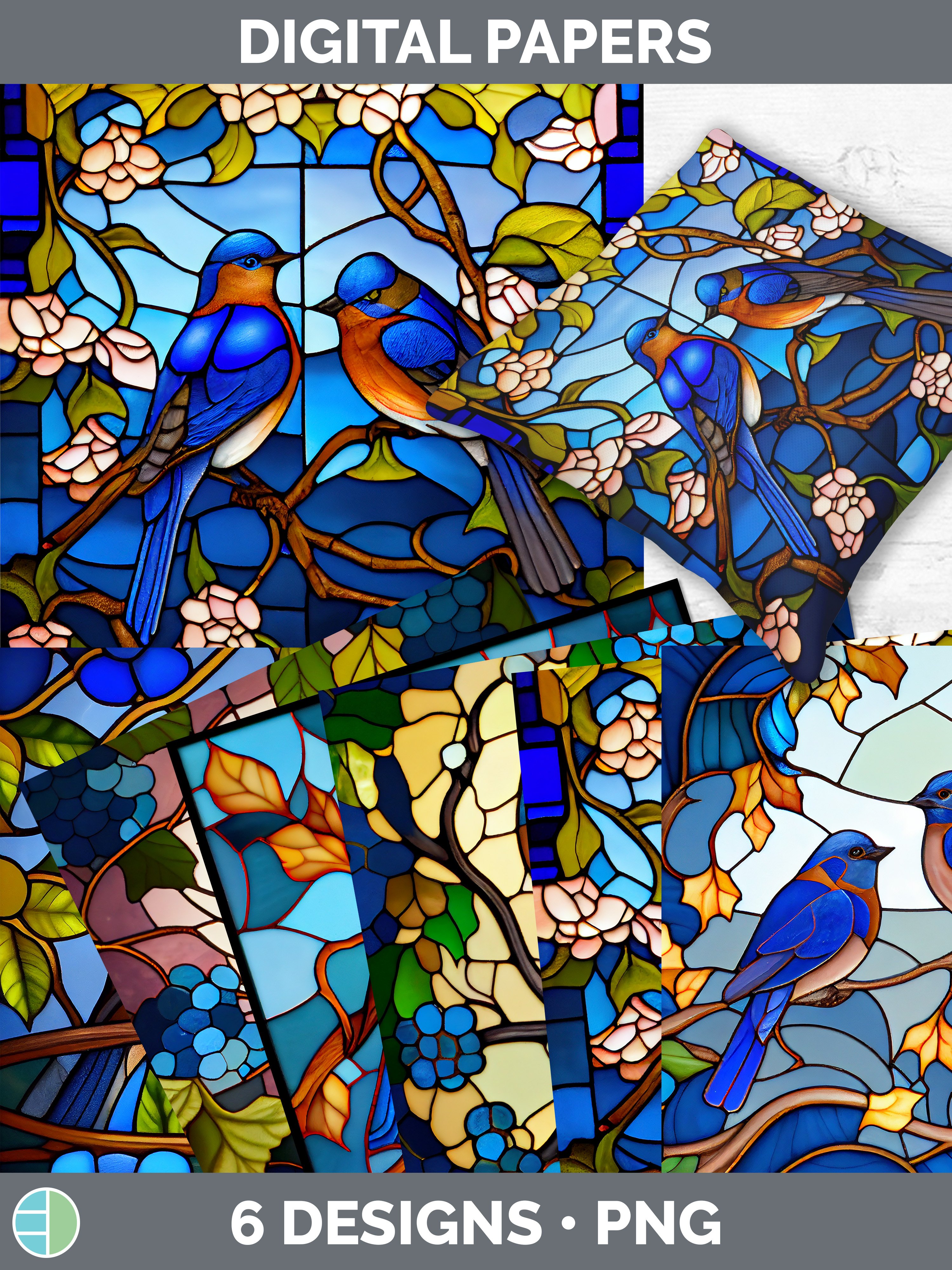 Stained Glass Eastern Bluebird Bird Paper Backgrounds | Digi