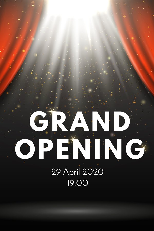 Grand opening poster with red curtains at theater stage. The
