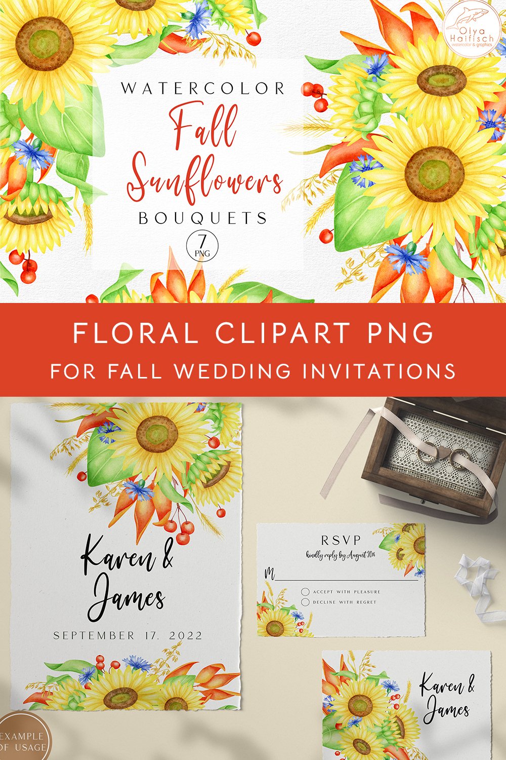 Sunflower Bouquets PNG. Fall Flowers Clipart Set