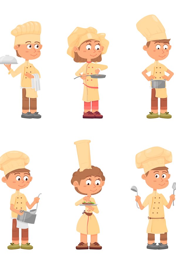 Kids cooking. Chef child, kid cook cartoon characters. Funny