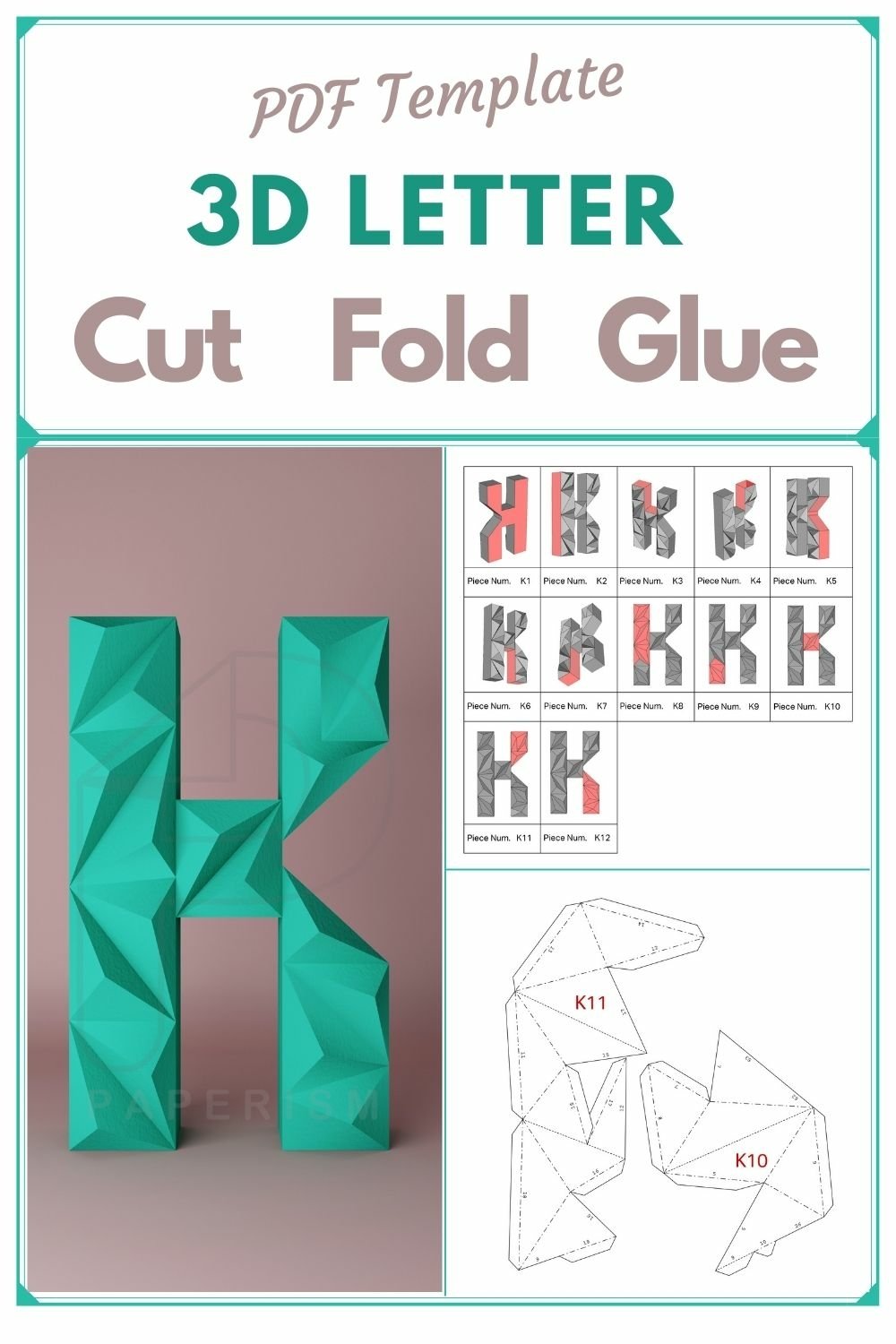 K Letter Papercraft, 3d Alphabet, DIY pdf template, low poly