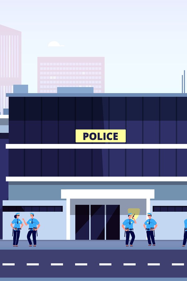 Police station. City police department building and cops. Po