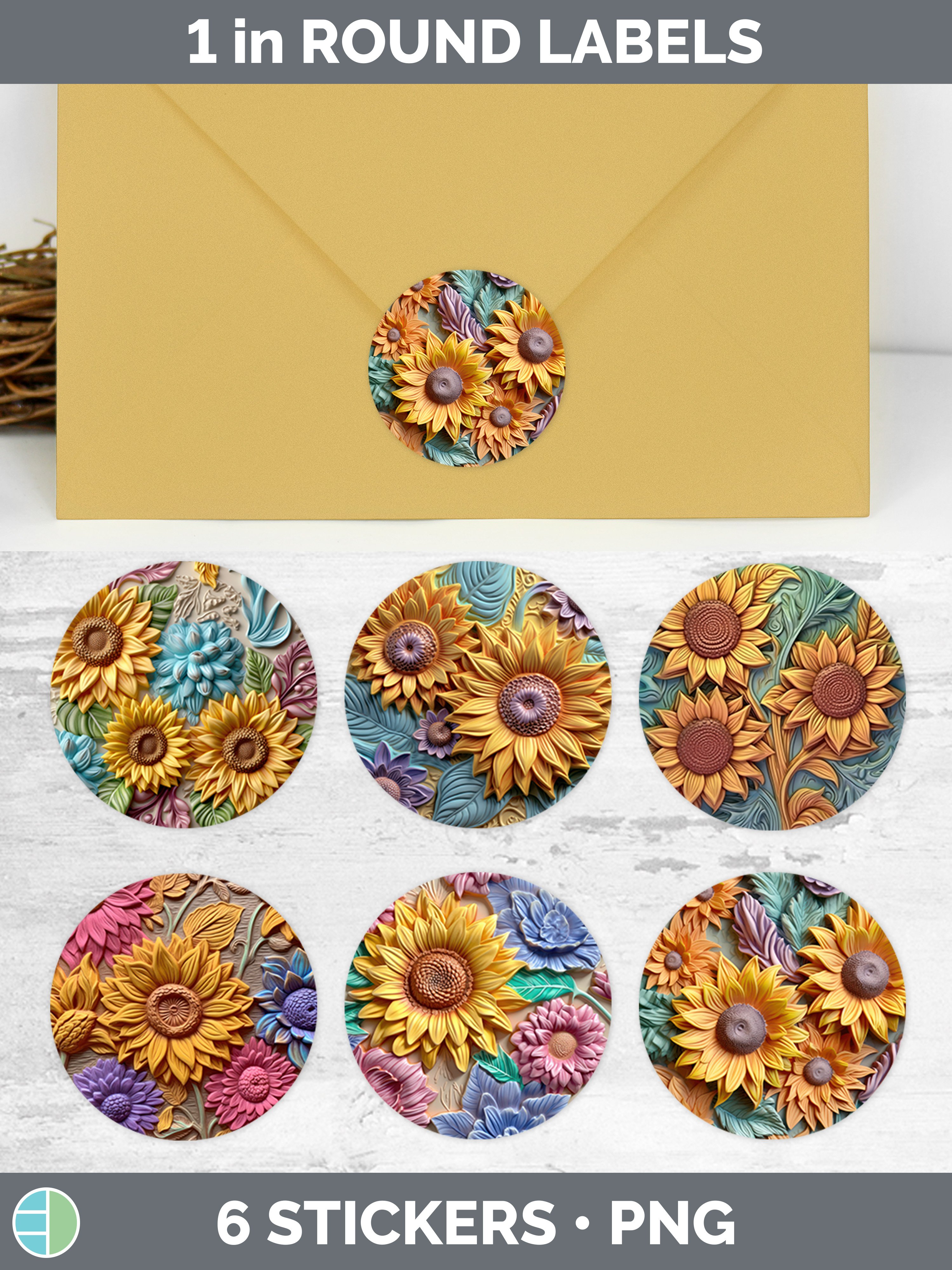 3D Sunflower Flowers Stickers | Round Labels Designs Bundle