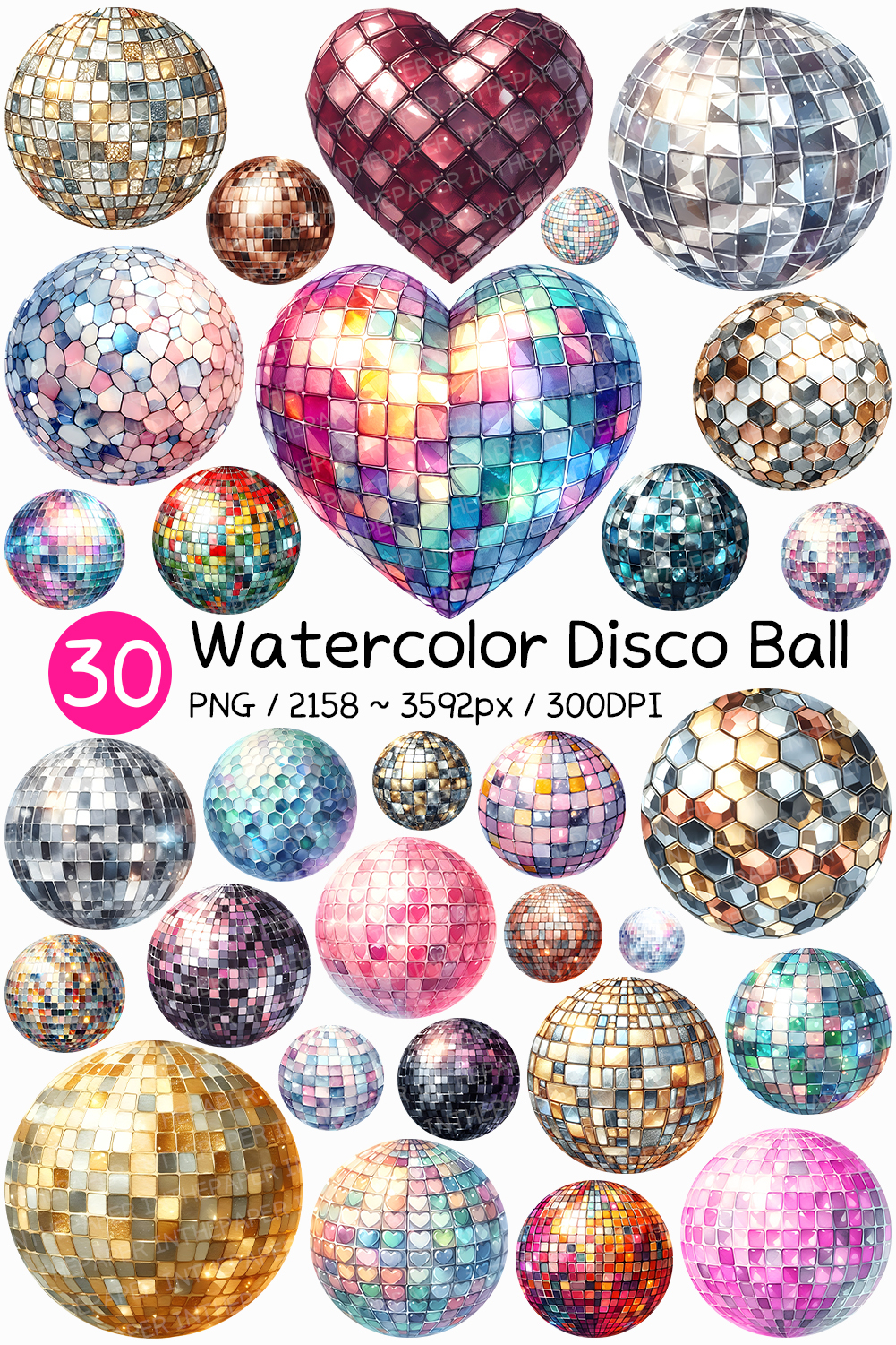 Watercolor Disco Ball PNG | Mirror Clipart Gold Silver Retro