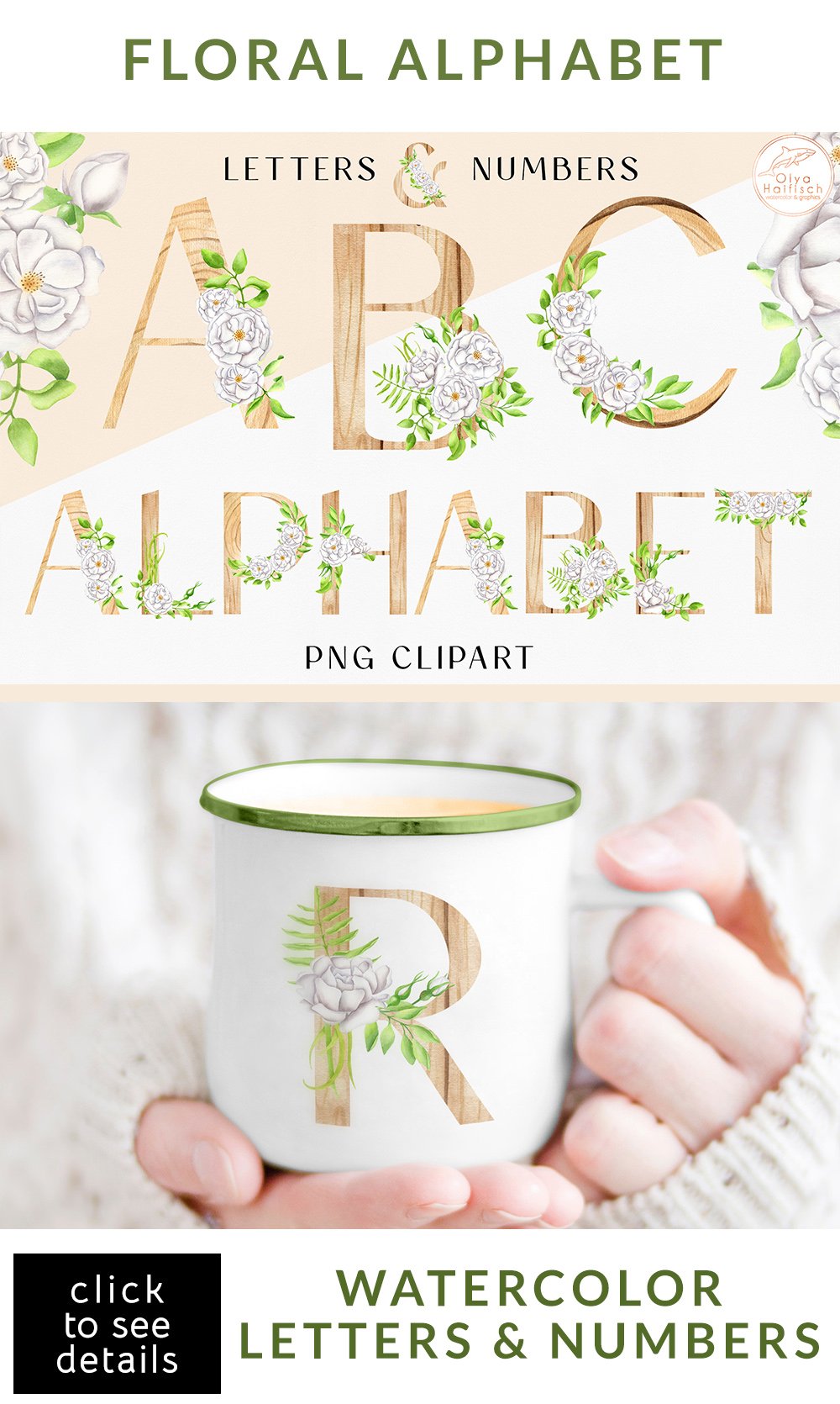 Floral Alphabet Clipart. Watercolor Letters with Flowers PNG