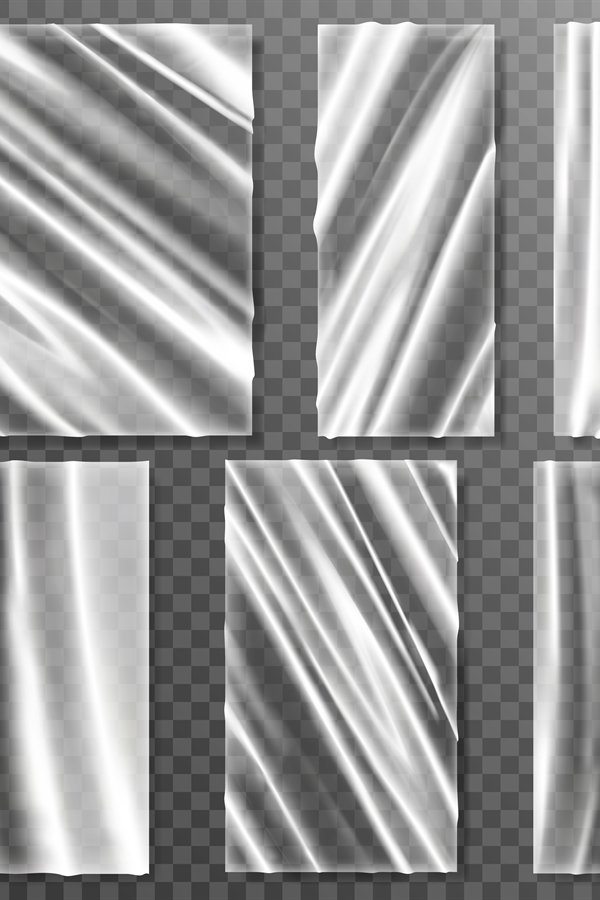 Realistic plastic banners. Transparent plastic wrap, glossy