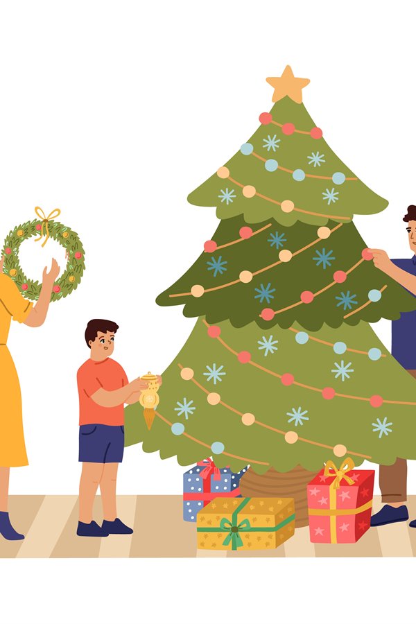 Family prepare Christmas. Child decorate tree, father and mo