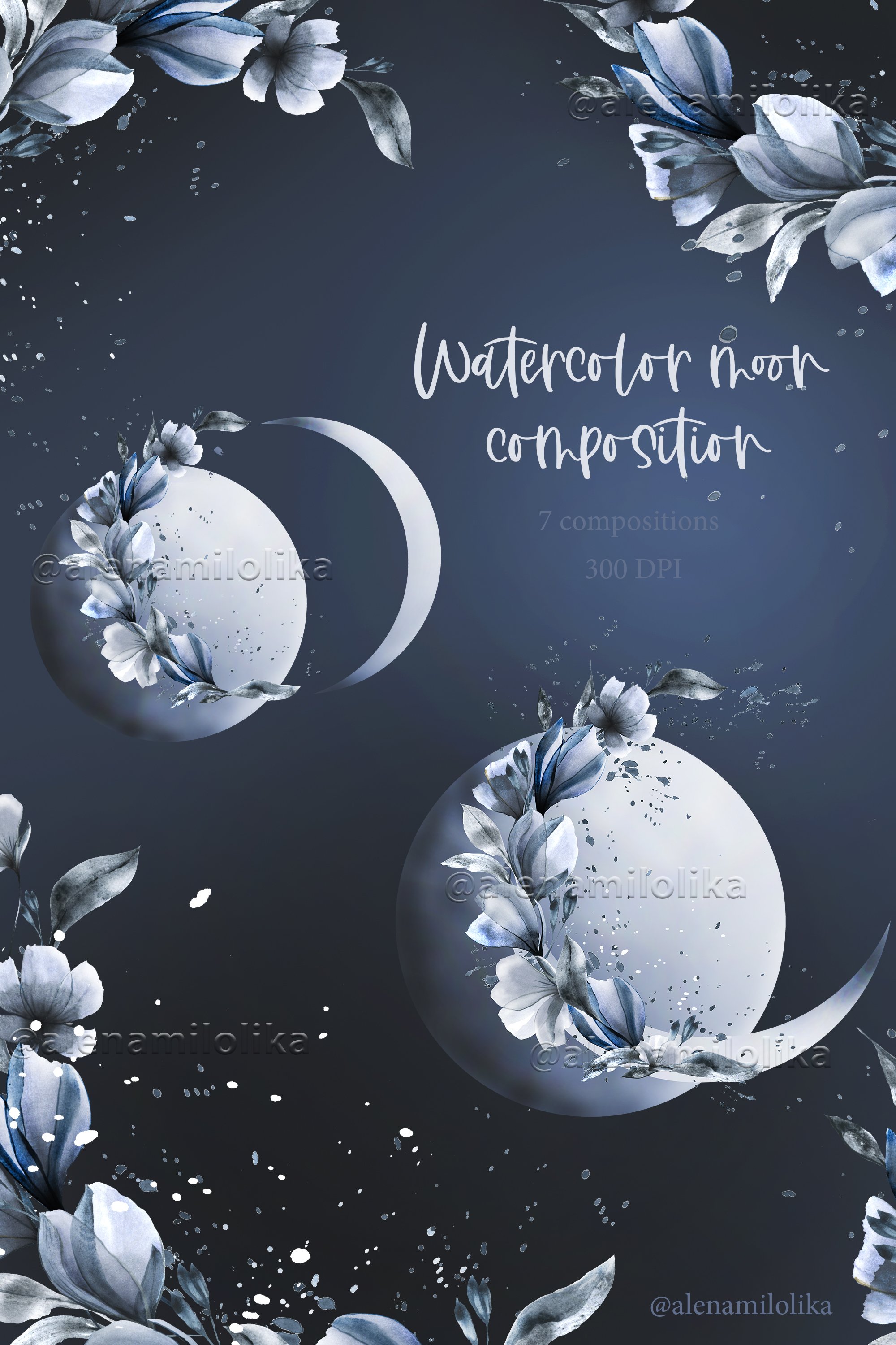 Watercolor moon phases clipart. Abstract moon frames