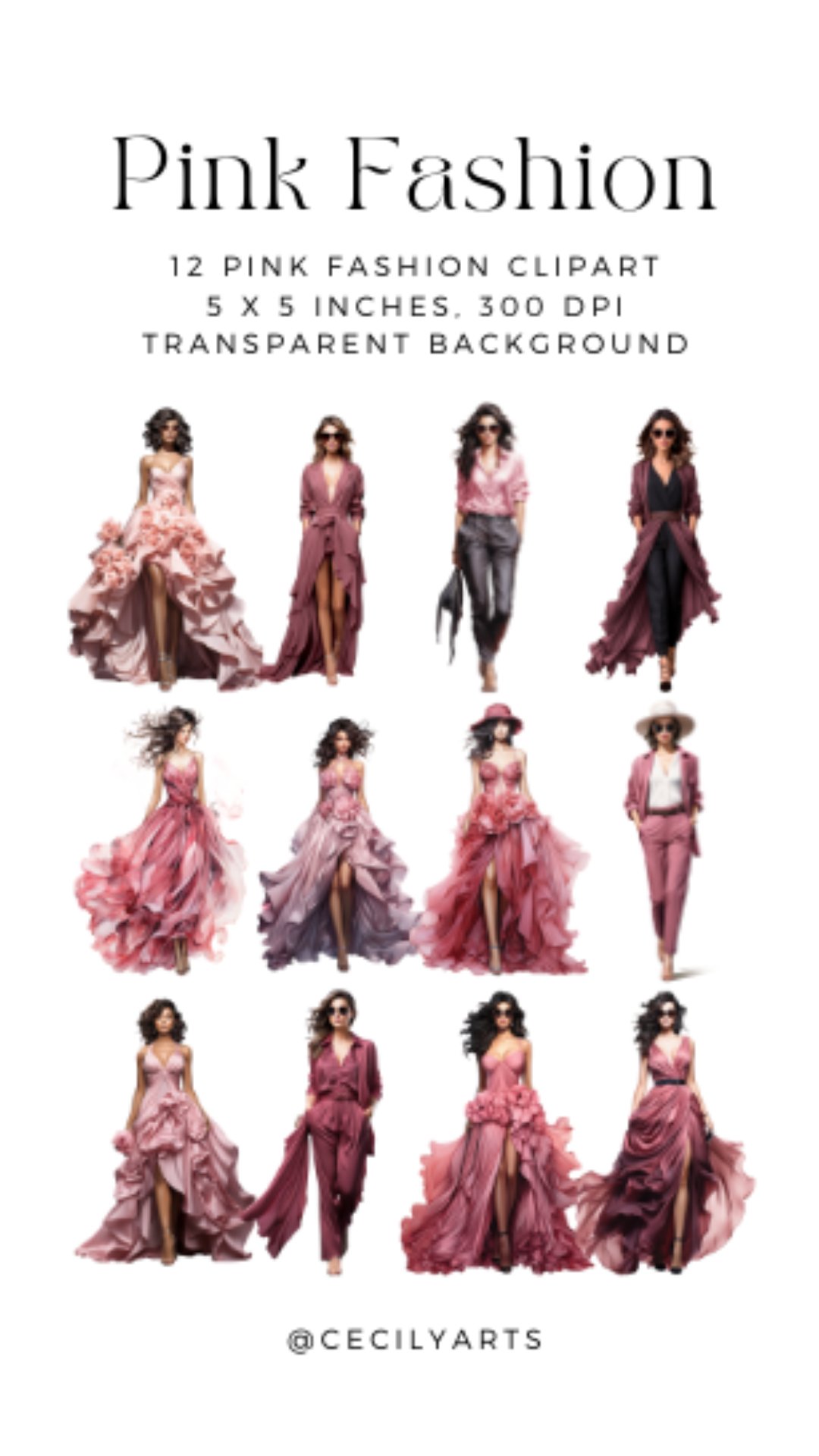 12 Watercolor Pink Fashion Clipart