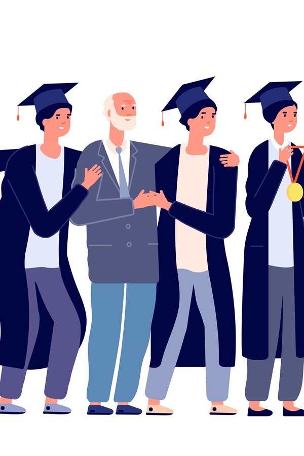 Graduated students. Graduates with teacher, cartoon college