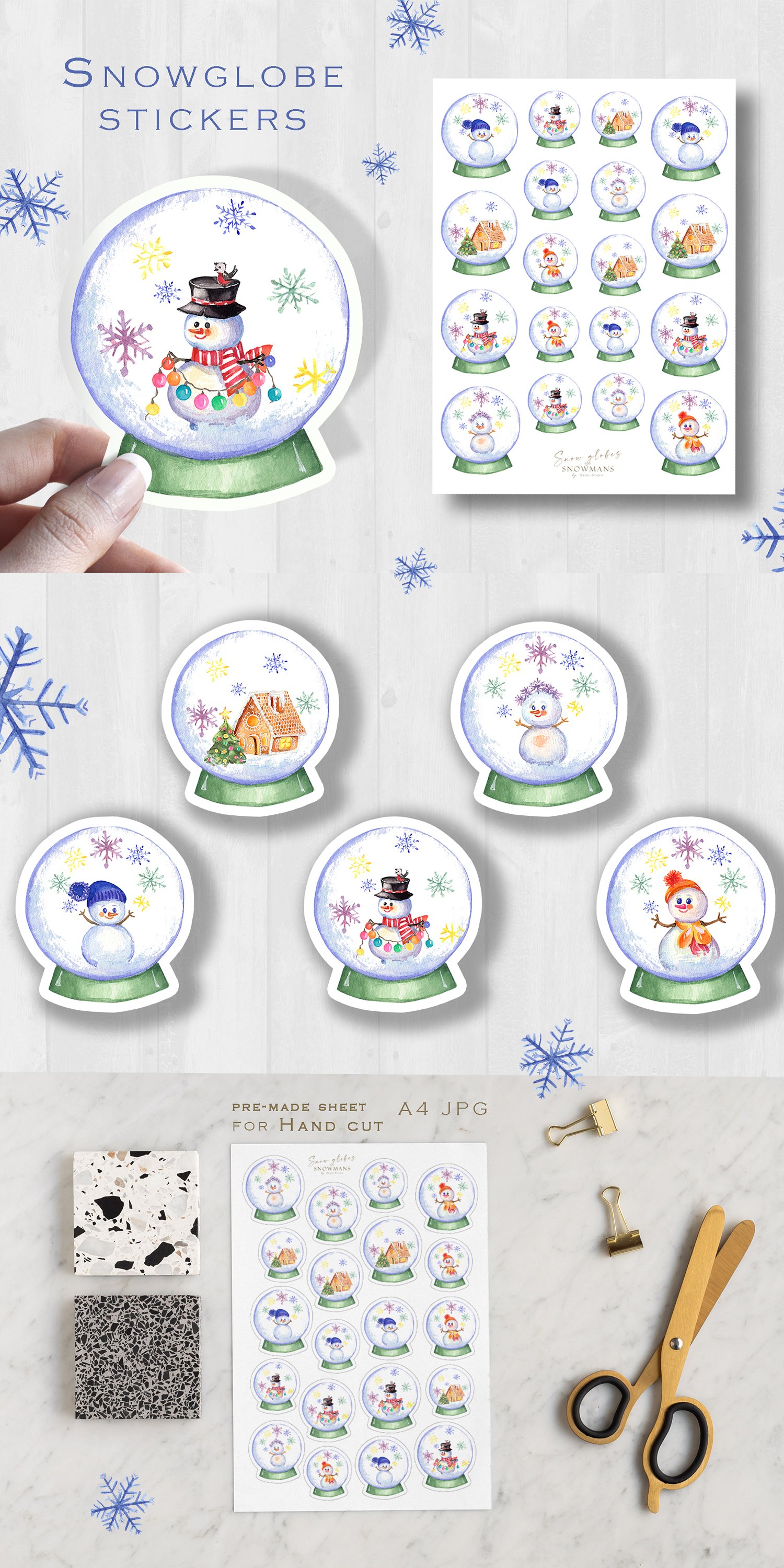 Christmas snowglobe stickers, Glass ball, Snowman (1635483)