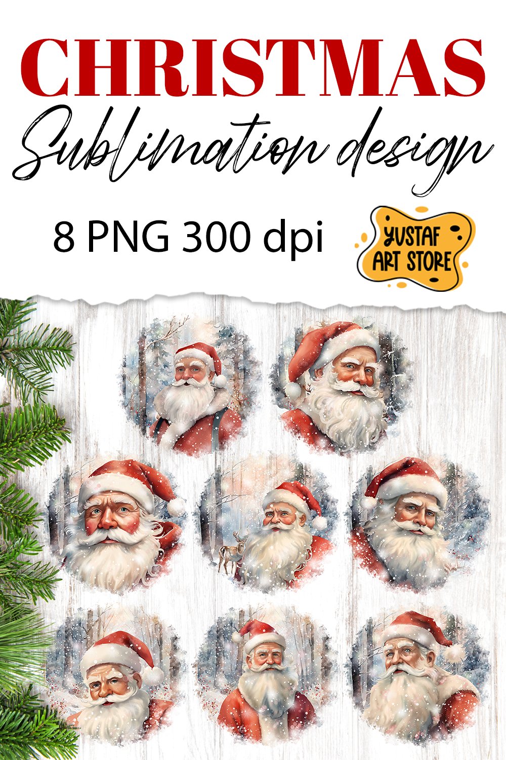 Christmas sublimation bundle. Santa Claus in winter forest