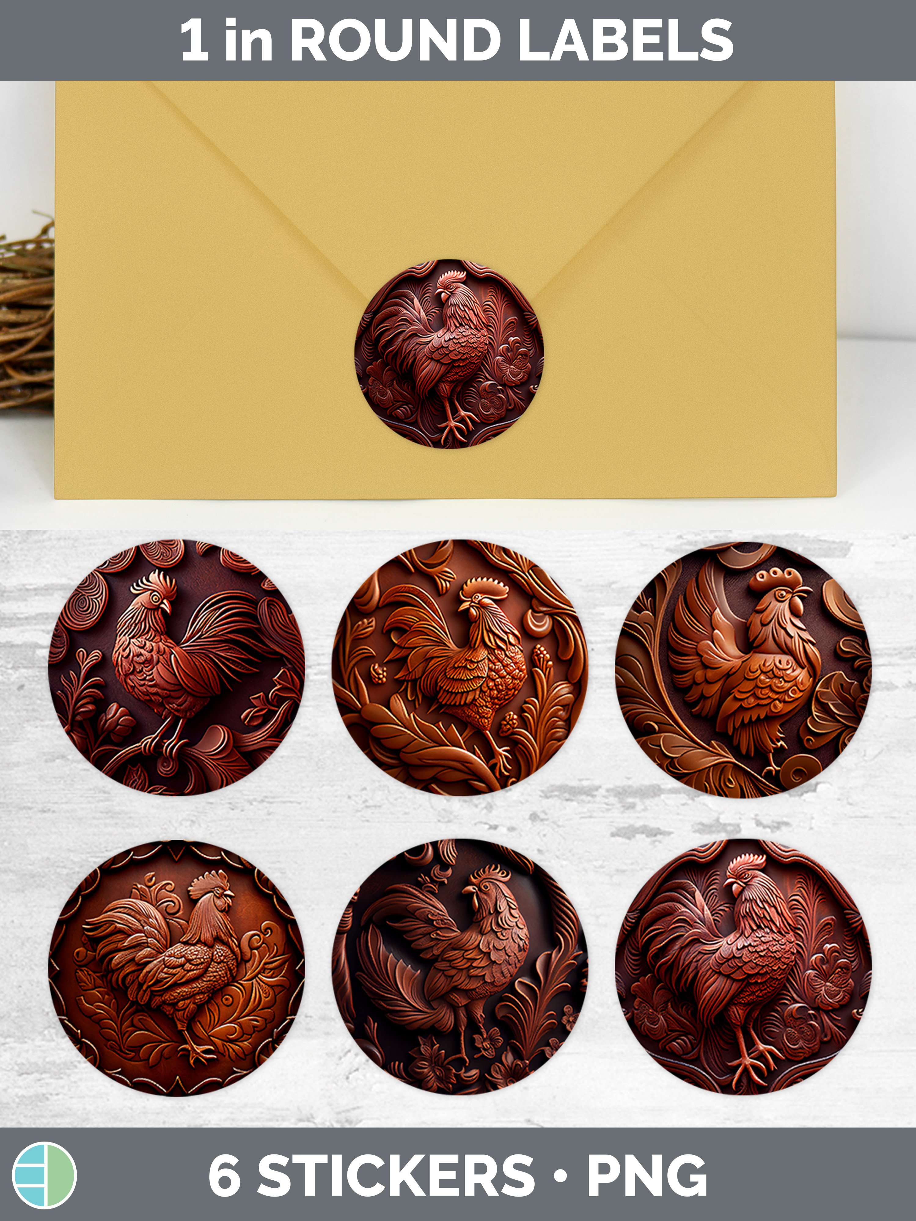 Tooled Leather Chicken Stickers | Sticker 1in Round Labels P