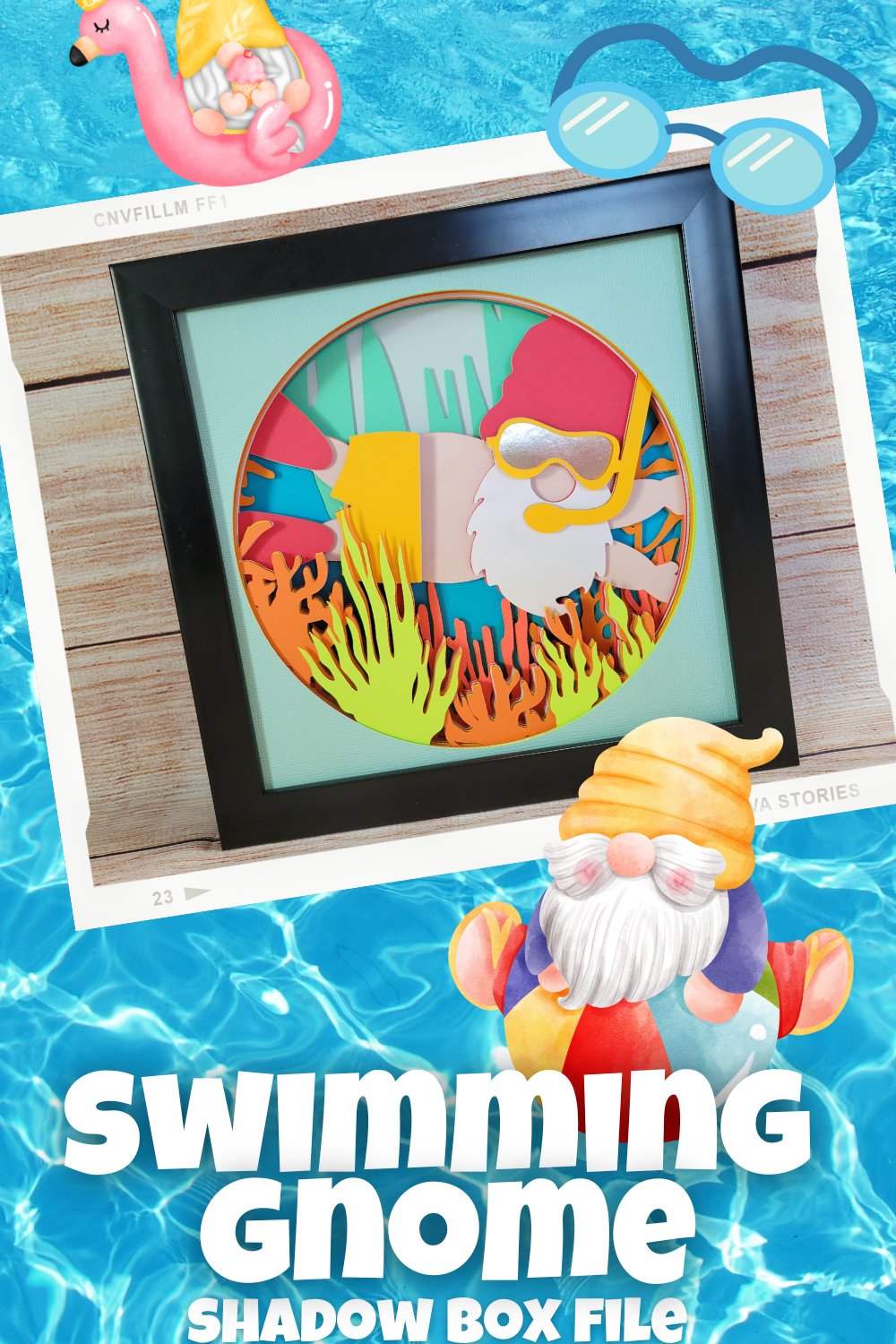 Gnome Svg Shadow Box, 3D Layered Gnome Swimming In Ocean Svg
