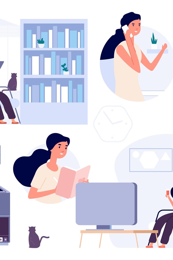 Woman daily routine. Housewife life, single girl everyday ac