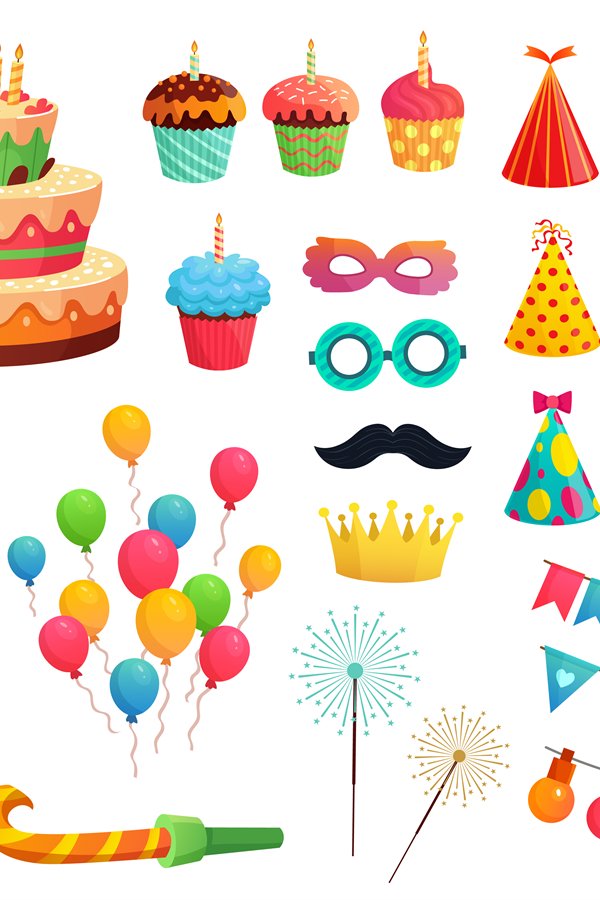 Cartoon party kit. Rocket fireworks, colorful balloons and b