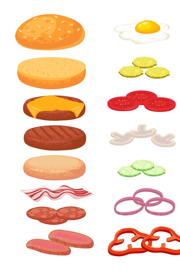 Cartoon burger ingredients. Hamburger, chop bun and tomato.