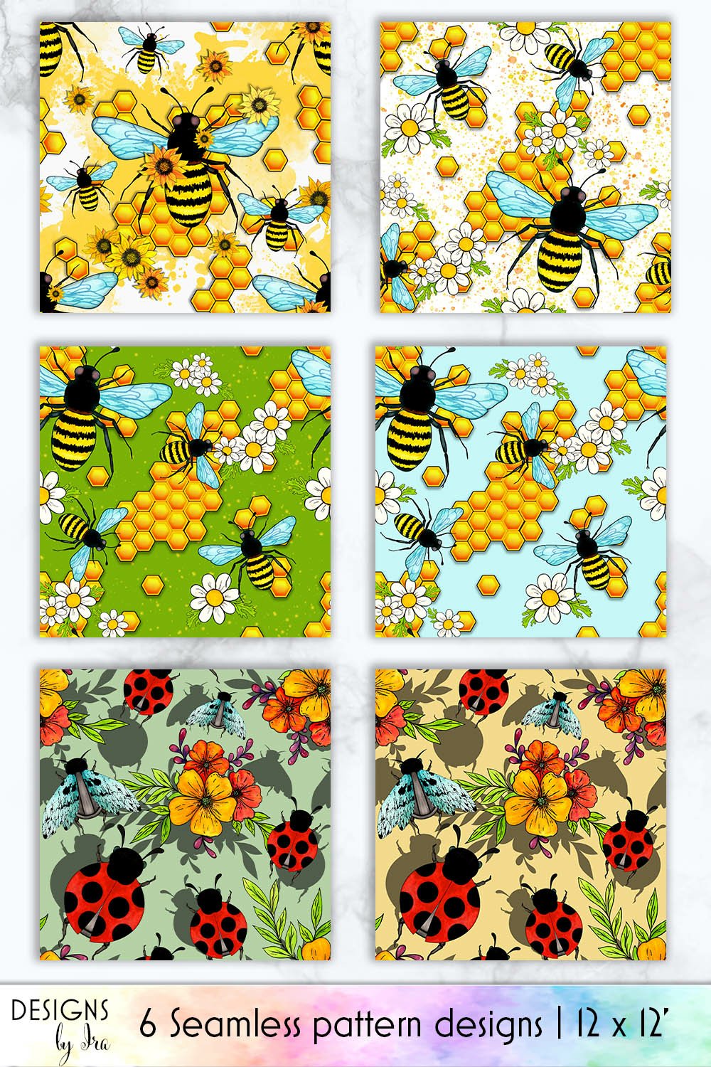 Honey Bees and Ladybug Seamless Patterns
