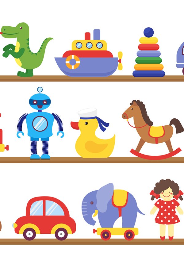 Toys on shelves. Cartoon toy on baby shopping wooden shelf.