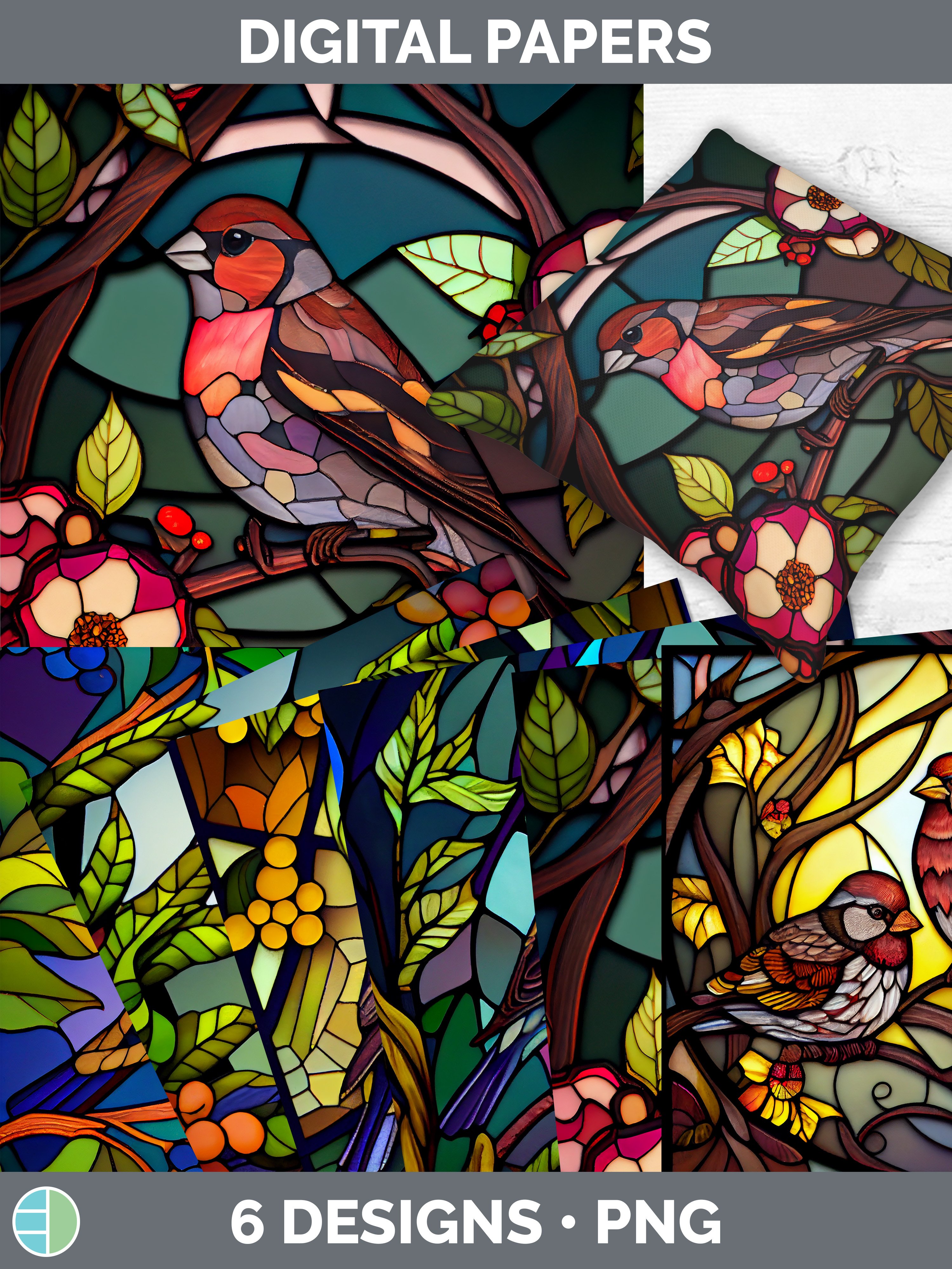 Stained Glass Finch Bird Paper Backgrounds | Digital Scrapbo