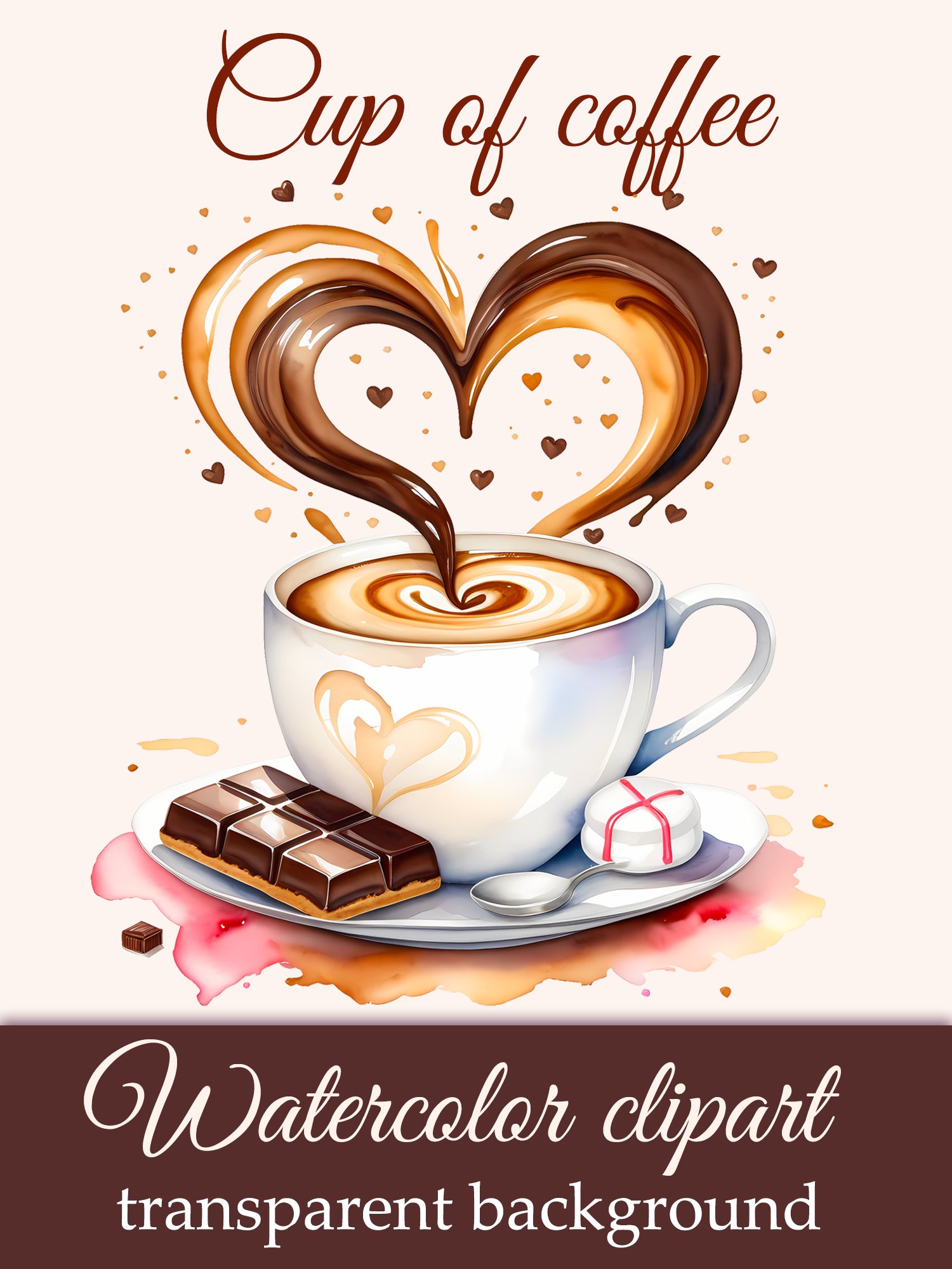 Watercolor coffee cup with hearts and chocolate, clipart Png