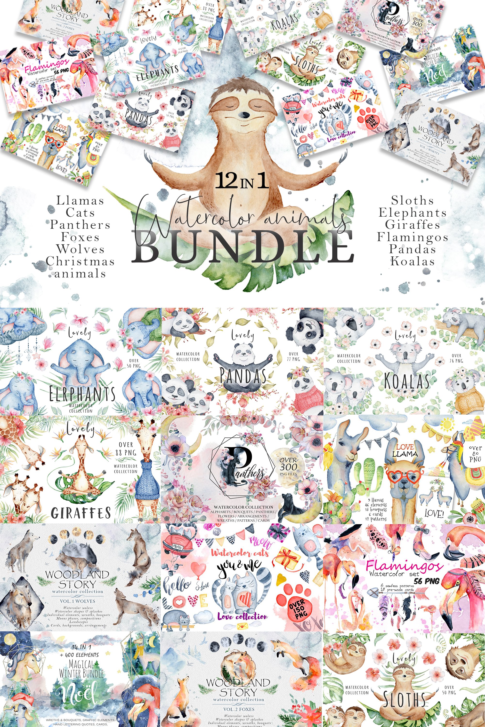 Watercolor cute animals bundle